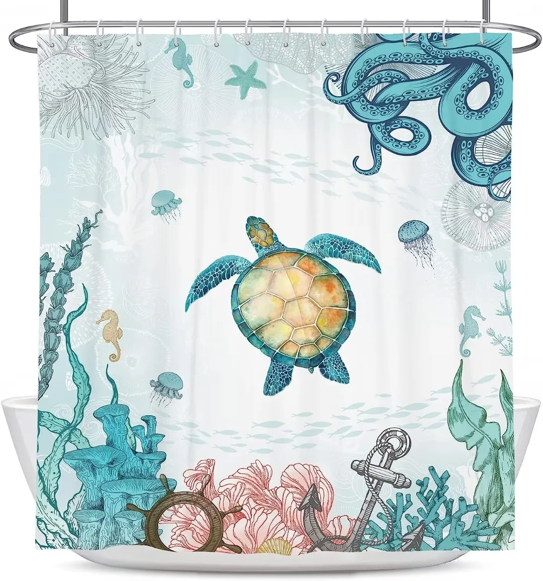 Coxila Sea Turtle Shower Curtain Octopus Beach Starfish Coral Sea Life ...