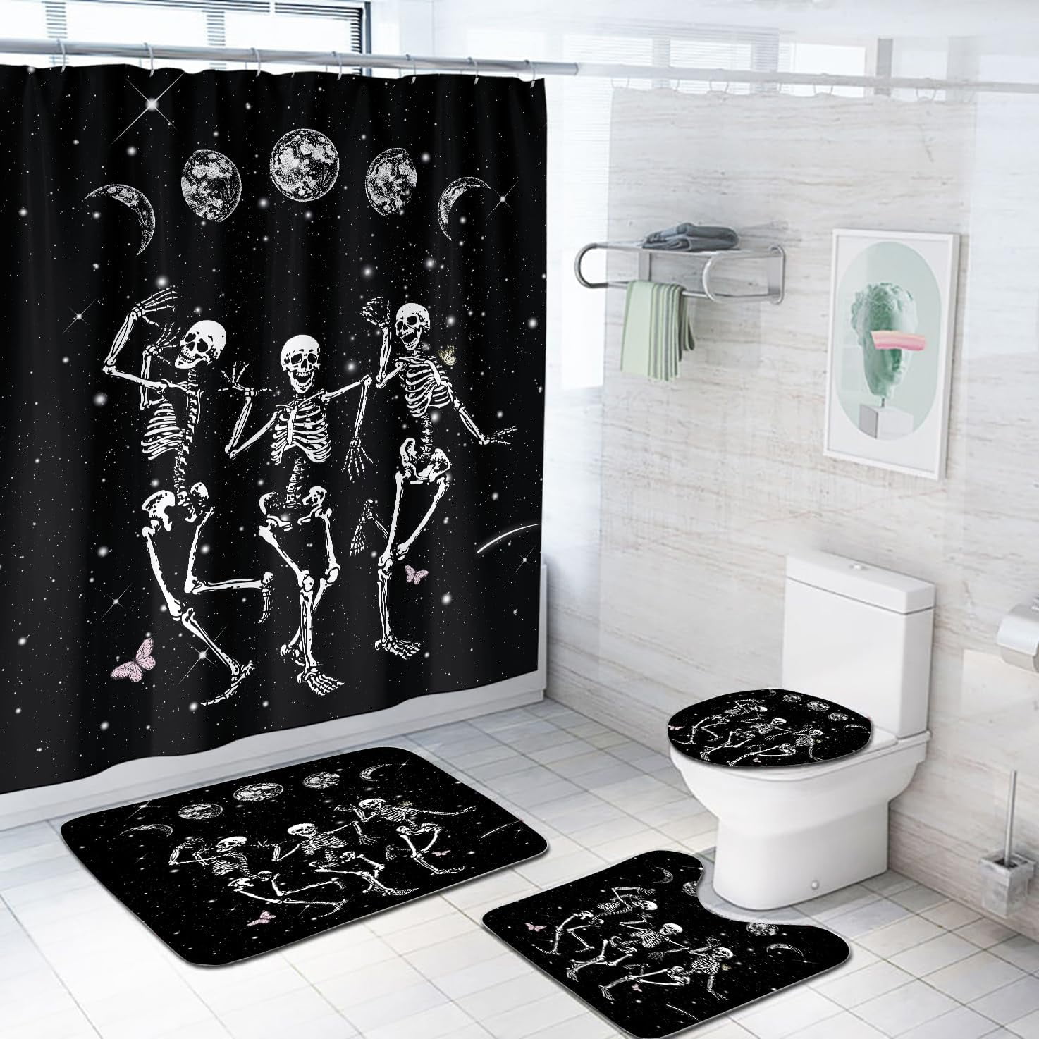 Coxila Skull Gothic Shower Curtain Sets Moon Black Skeleton Goth ...