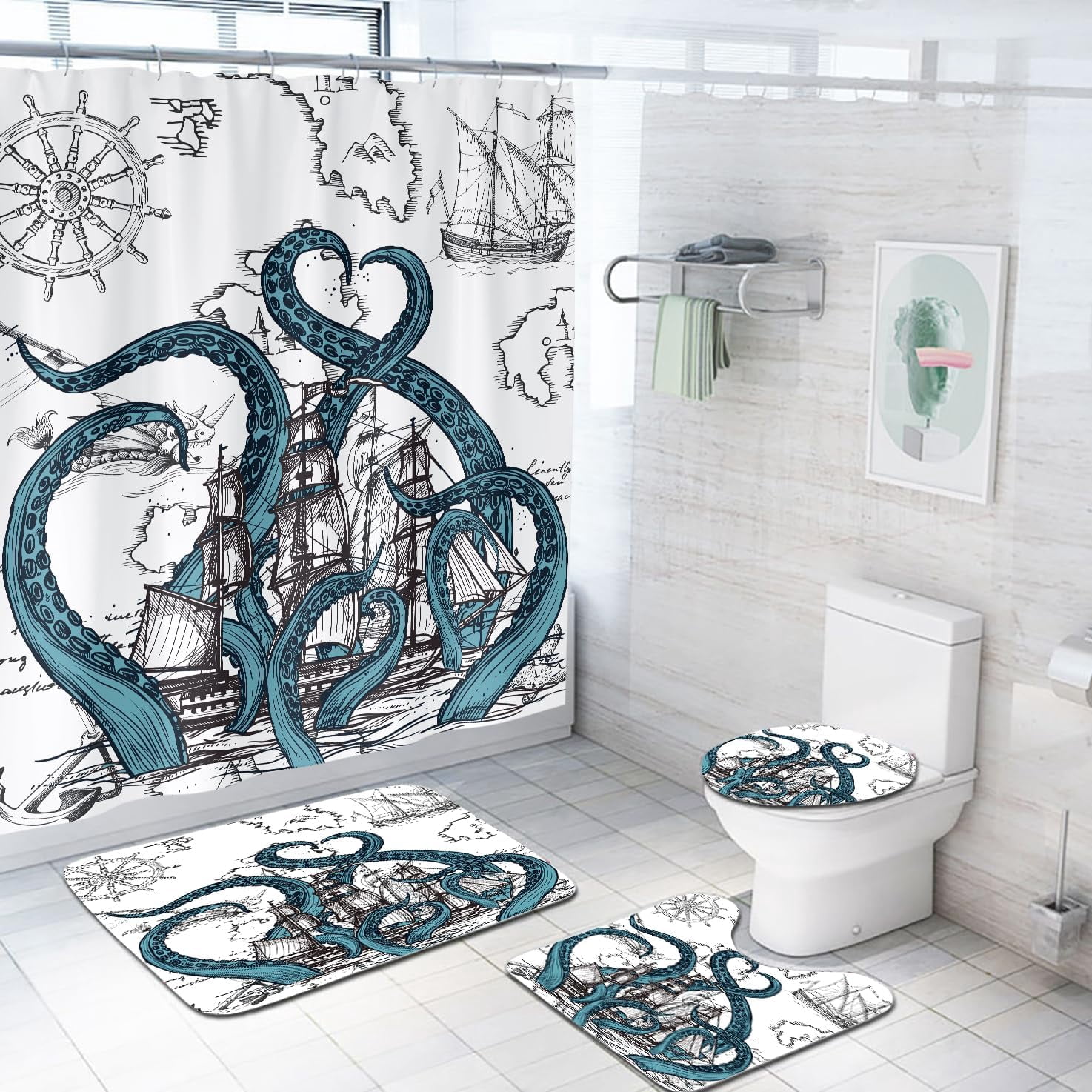 Coxila Vintage Octopus Shower Curtain Set Nautical Funny Fun Ocean Cool ...