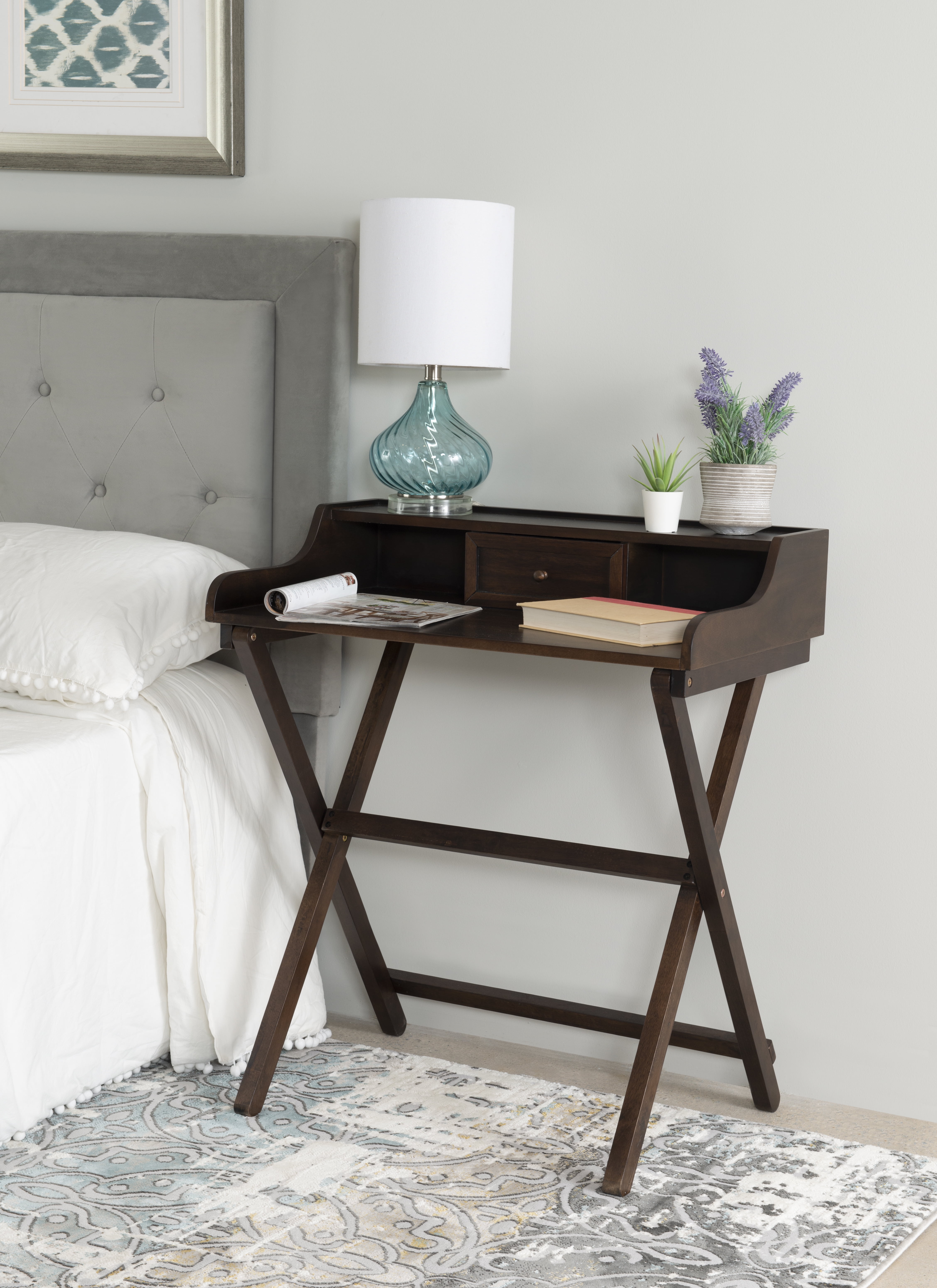 Coy Walnut Wooden Folding Writing Desk with Storage Drawer Compact Home ...