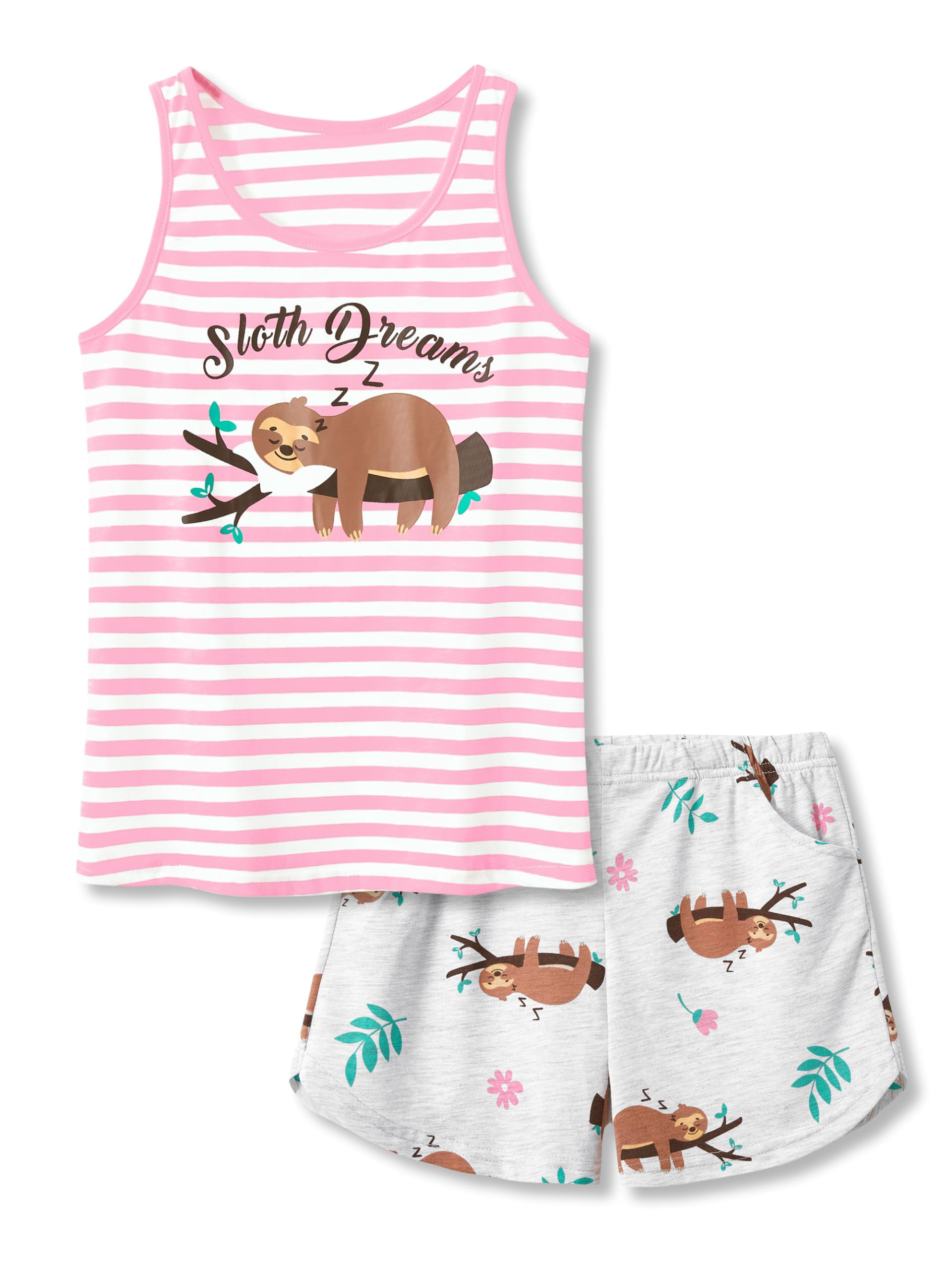 Beezizac Summer Pajamas for Girls – Pink & Cute Gray Sloth PJS Ultra ...