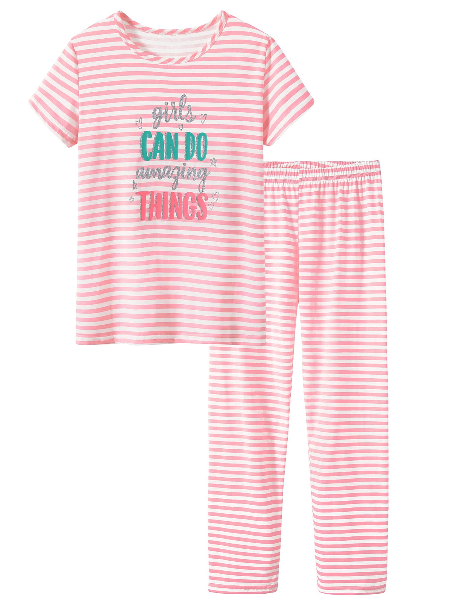 Beezizac Summer Pajamas for Girls – Pink Stripe & Glittering Heart PJS ...