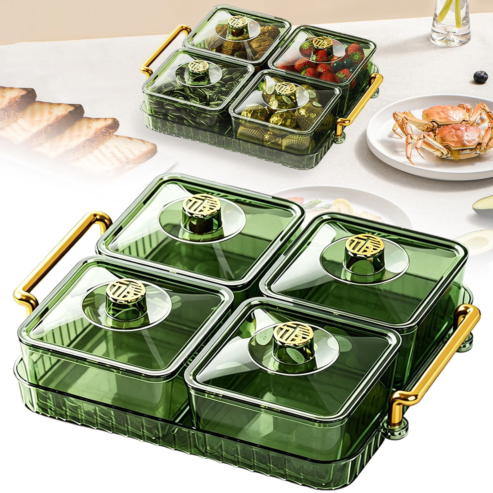 Cozeii Serving Tray, 4 Grids Snack Tray with Lid, Divided Food Storage ...