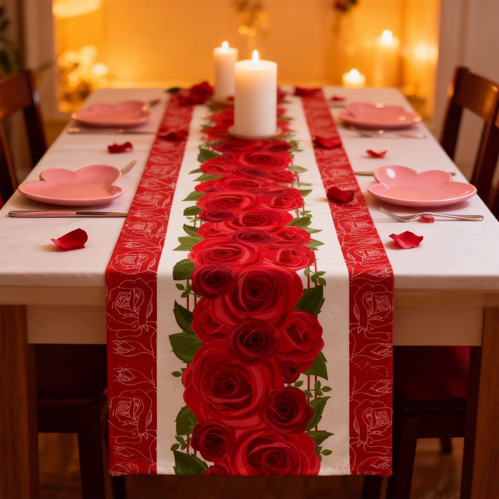 Cozilinen Valentine's Day Heart-Shaped Table Runner, Rose Printed Linen ...