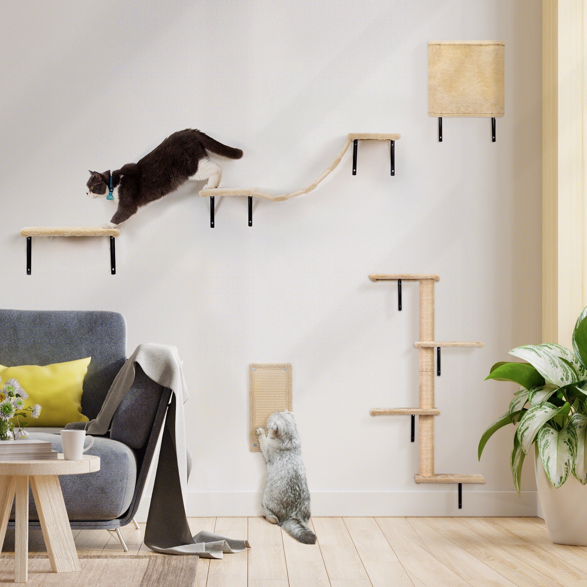 Coziwow 5 Pcs Wall-mounted Cat Tree Set W/ Cat Perch, Scratching Post ...