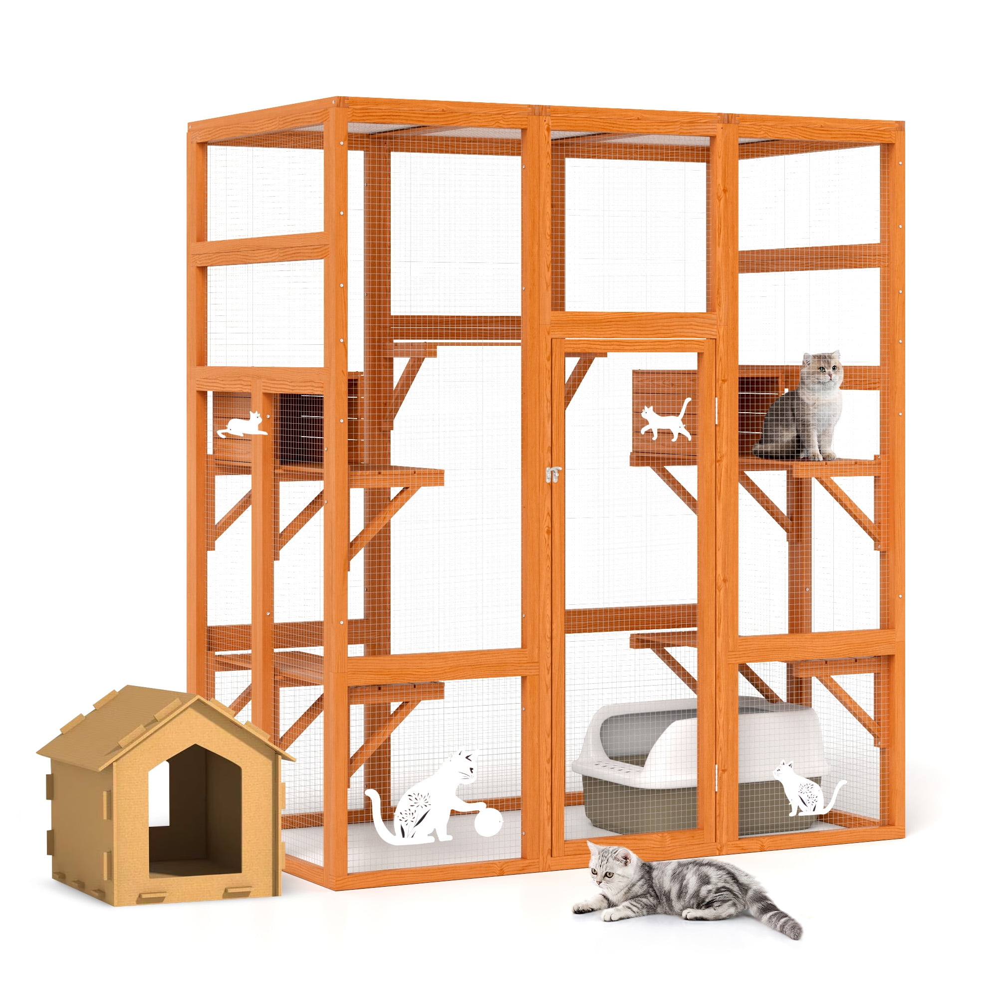 Coziwow Large Outdoor Wood Cat Enclosure, Weatherproof Cover, Orange ...