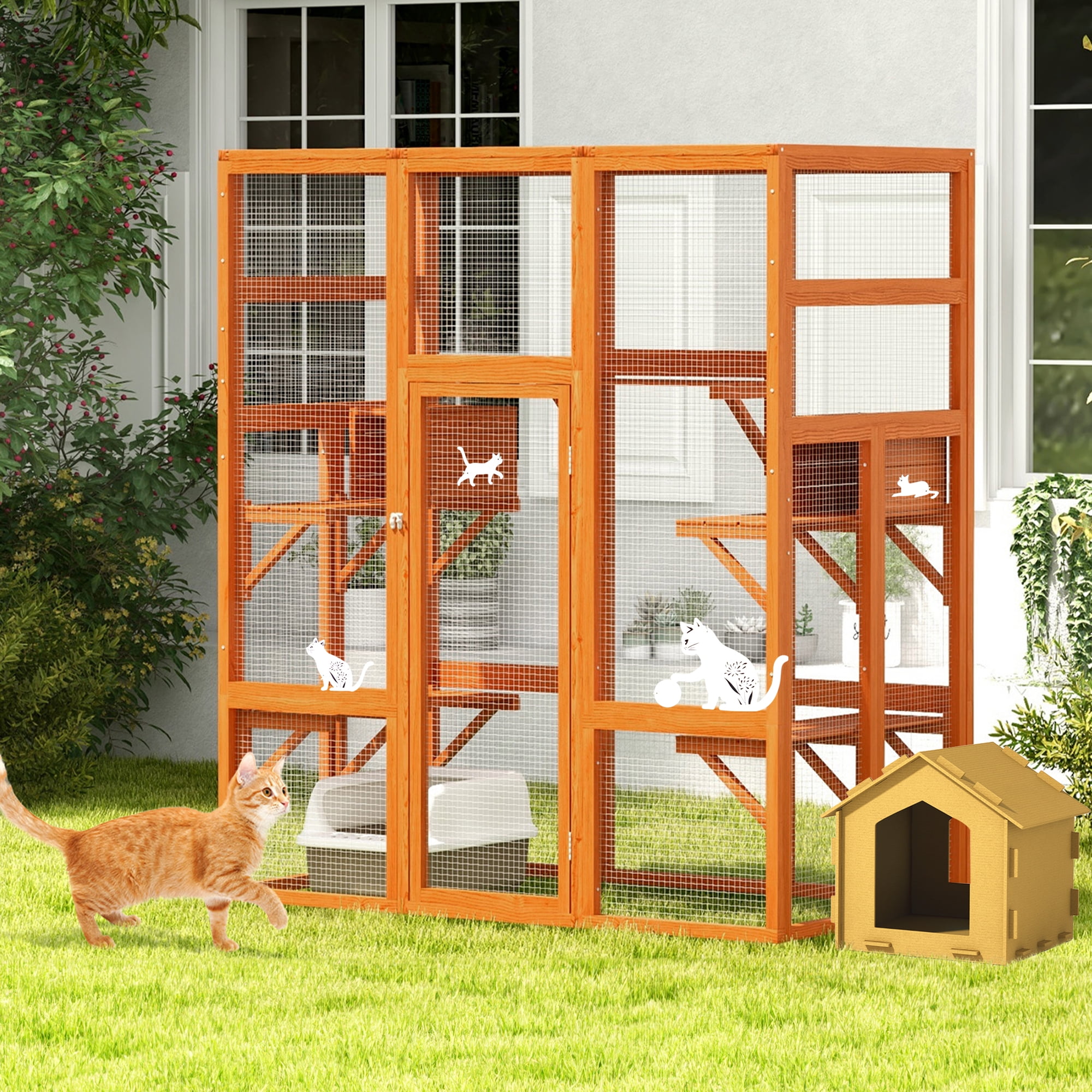 Coziwow Large Outdoor Wood Cat Enclosure, Weatherproof Cover, Orange ...