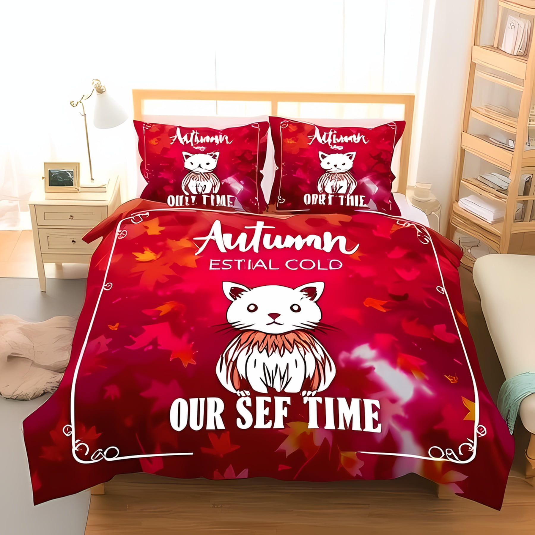 Cozy 3-Piece Autumn Duvet Cover Set with Cartoon Cat & Falling Leaves ...
