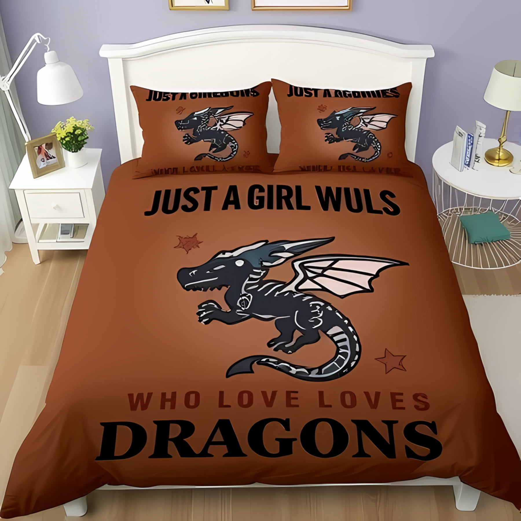 Cozy 3-Piece Brown Duvet Cover Set with Cute Dragon Design & "Just a ...