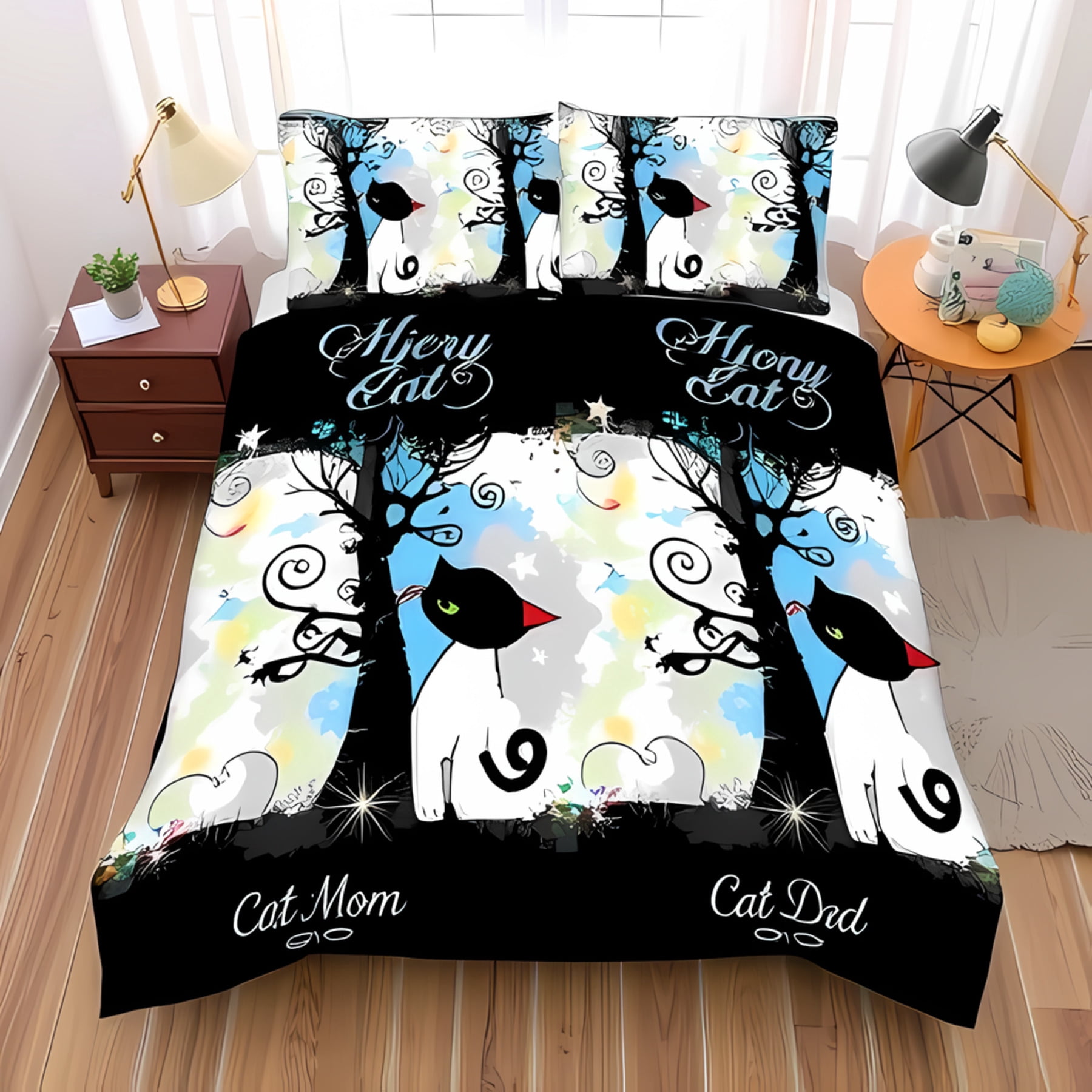 Cozy 3-Piece Cat-Themed Duvet Cover Set - Whimsical Trees Stars ...