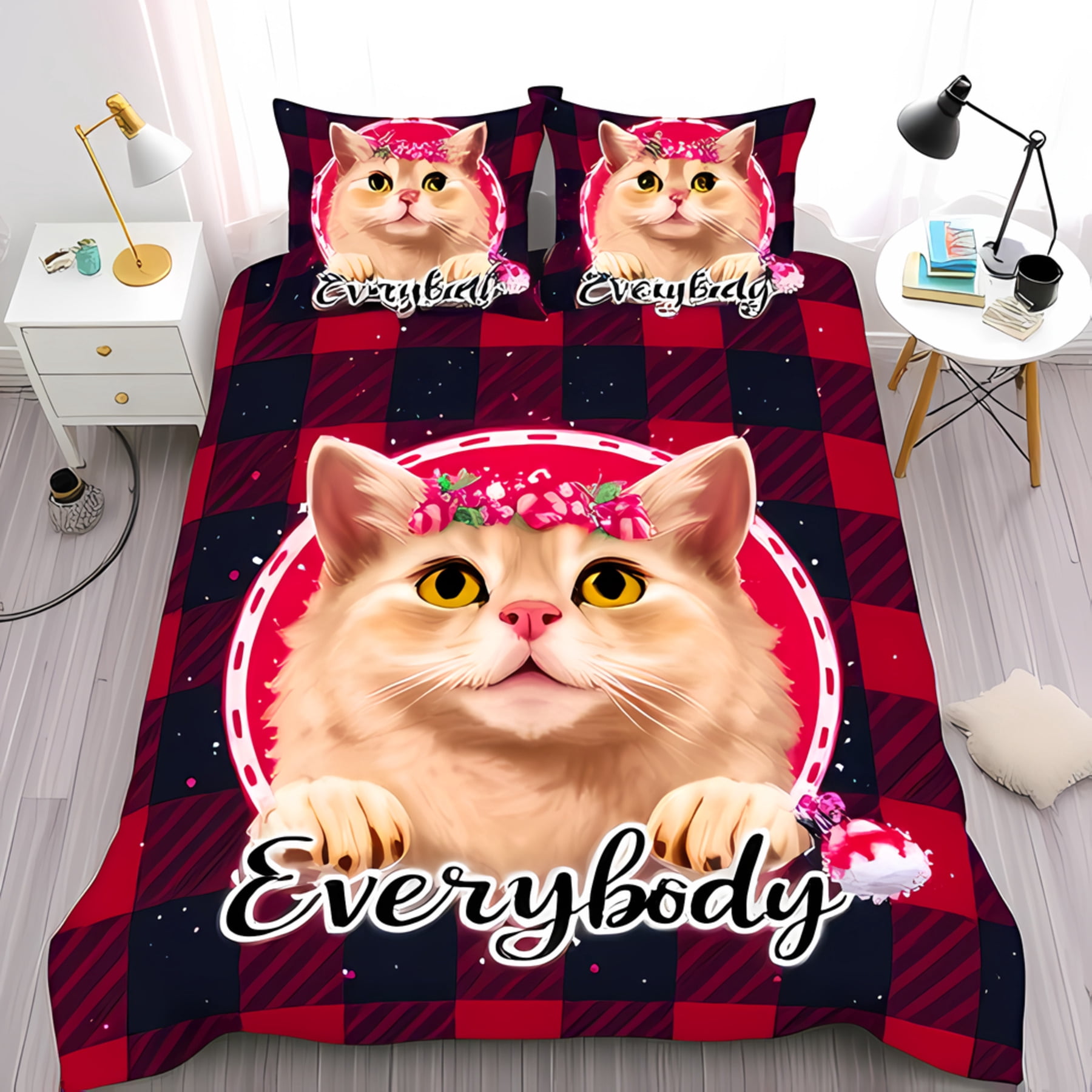 Cozy 3-Piece Cat Themed Duvet Cover Set with Vibrant Red & Black Design ...