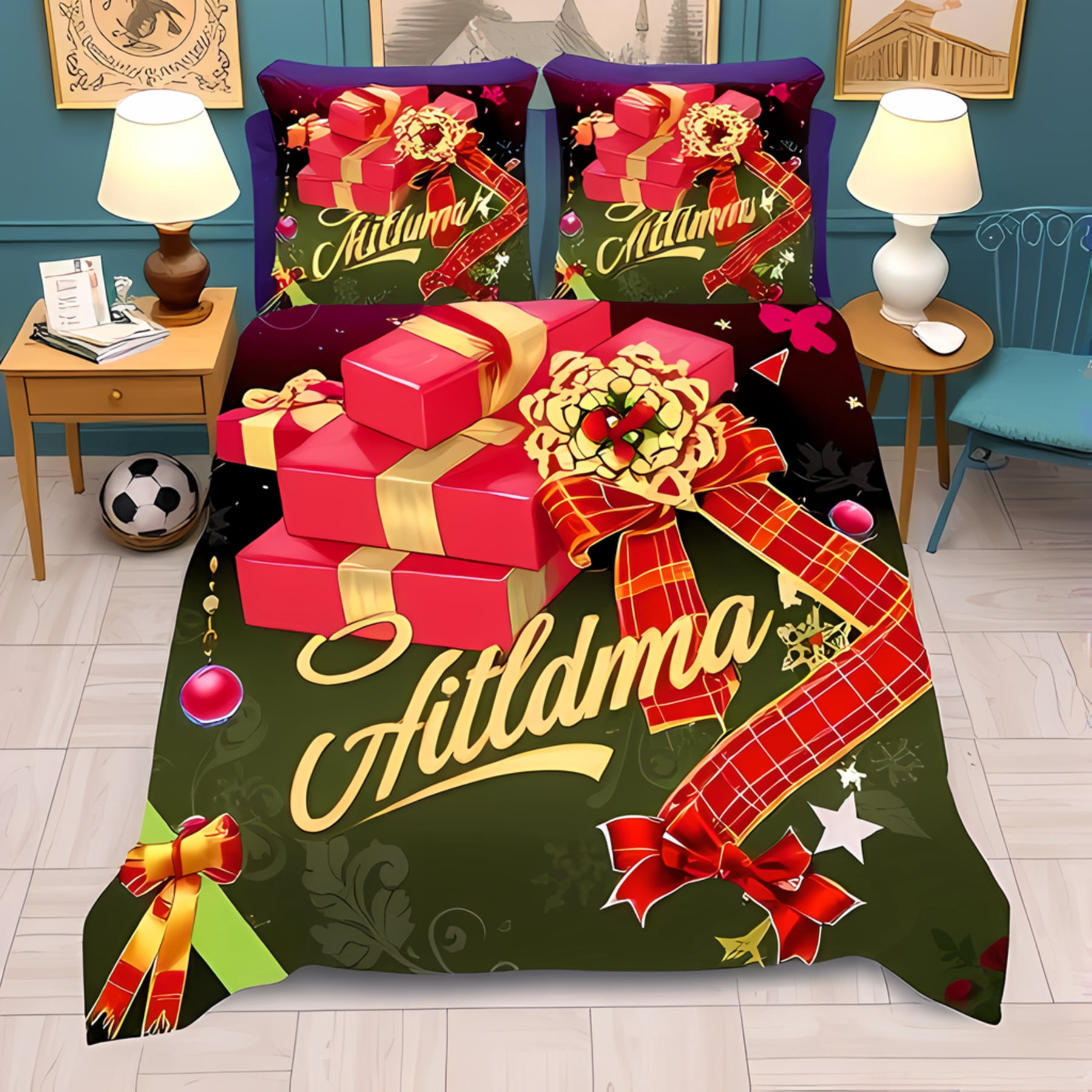 Cozy 3-Piece Christmas Duvet Cover Set - Dark Green with Red & Gold ...
