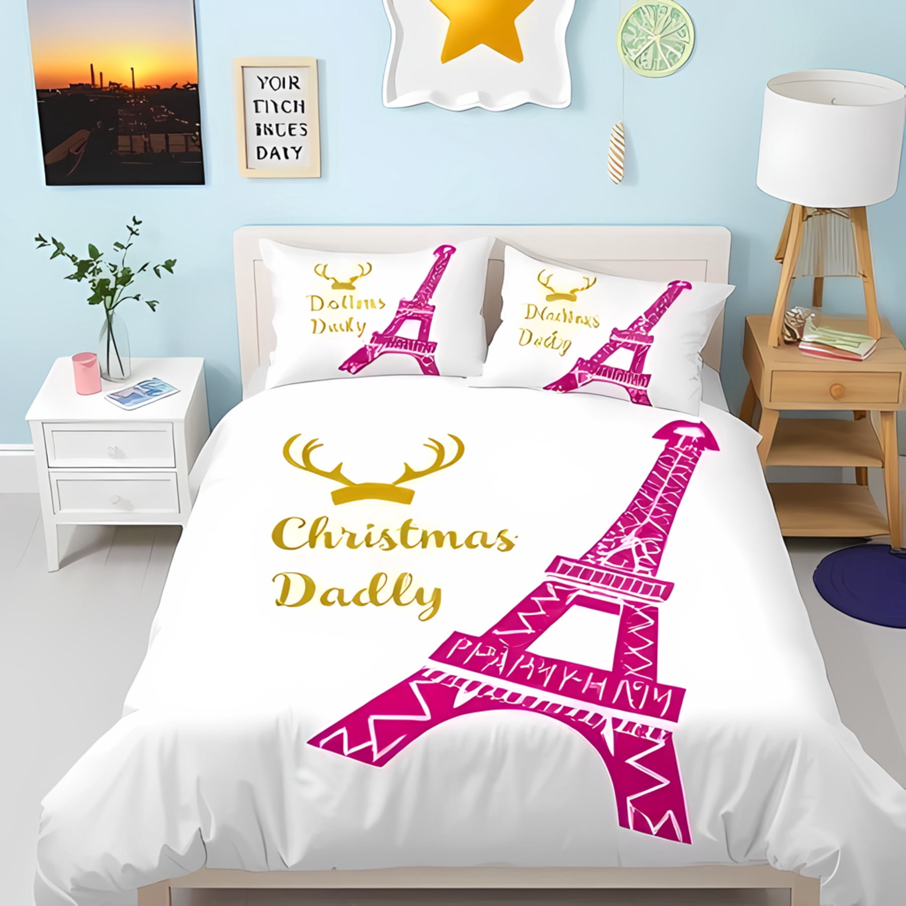 Cozy 3-Piece Christmas Duvet Cover Set - Festive Pink & Antlers Design ...