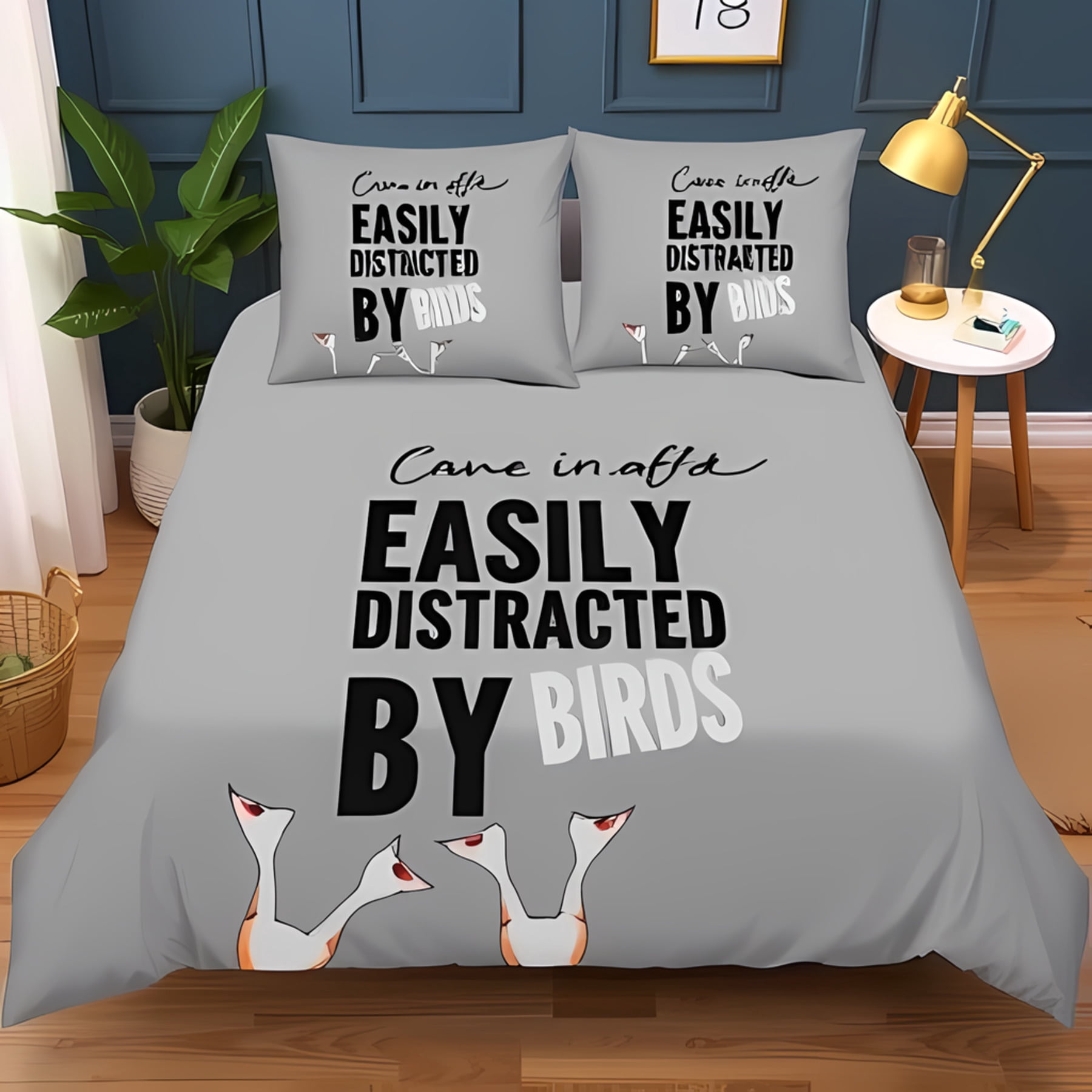 Cozy 3-Piece Duvet Cover Set - "Easily Distracted by Birds" - Grey with ...