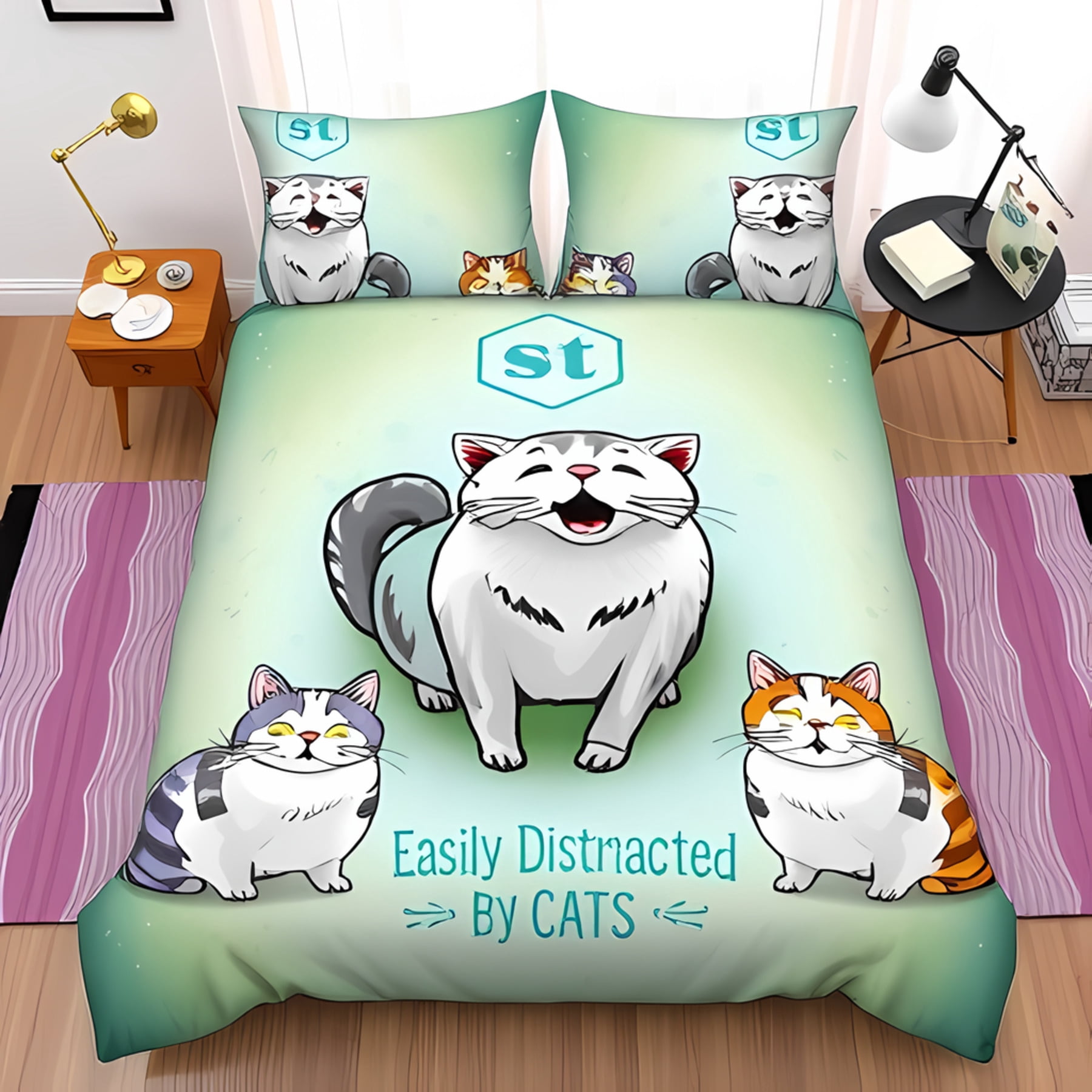 Cozy 3-Piece Duvet Cover Set Featuring Adorable Cartoon Cats - White ...