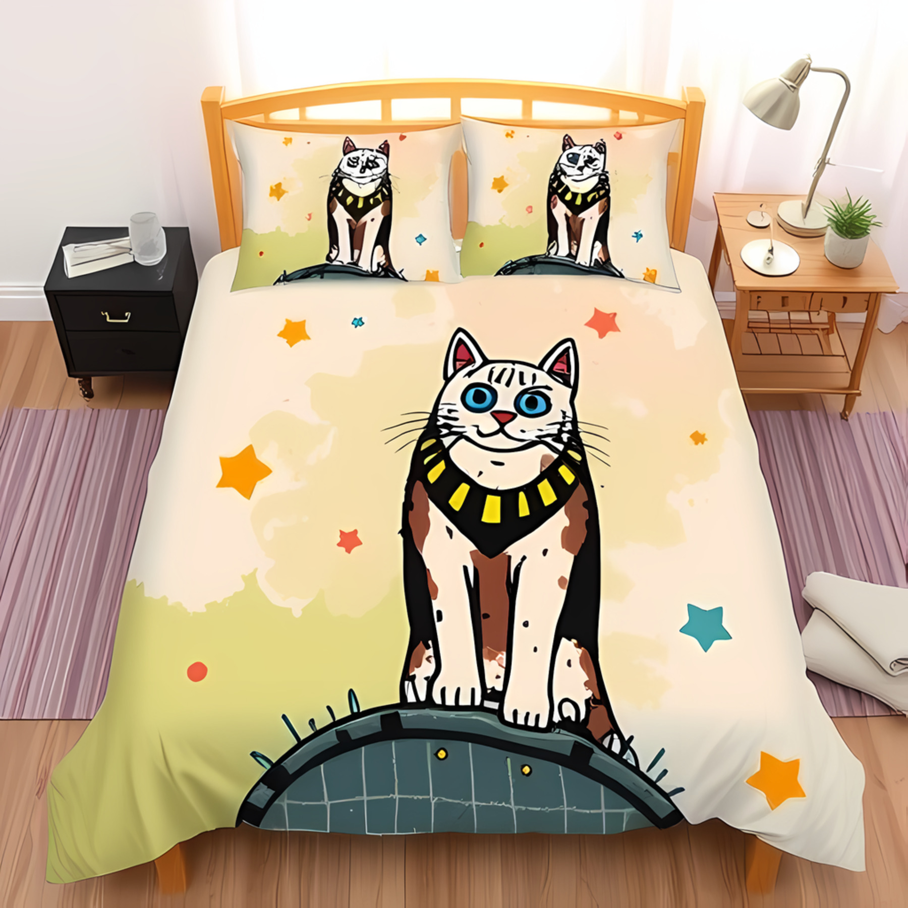 Cozy 3-Piece Duvet Cover Set Featuring Cartoon Cat on Rooftop with ...