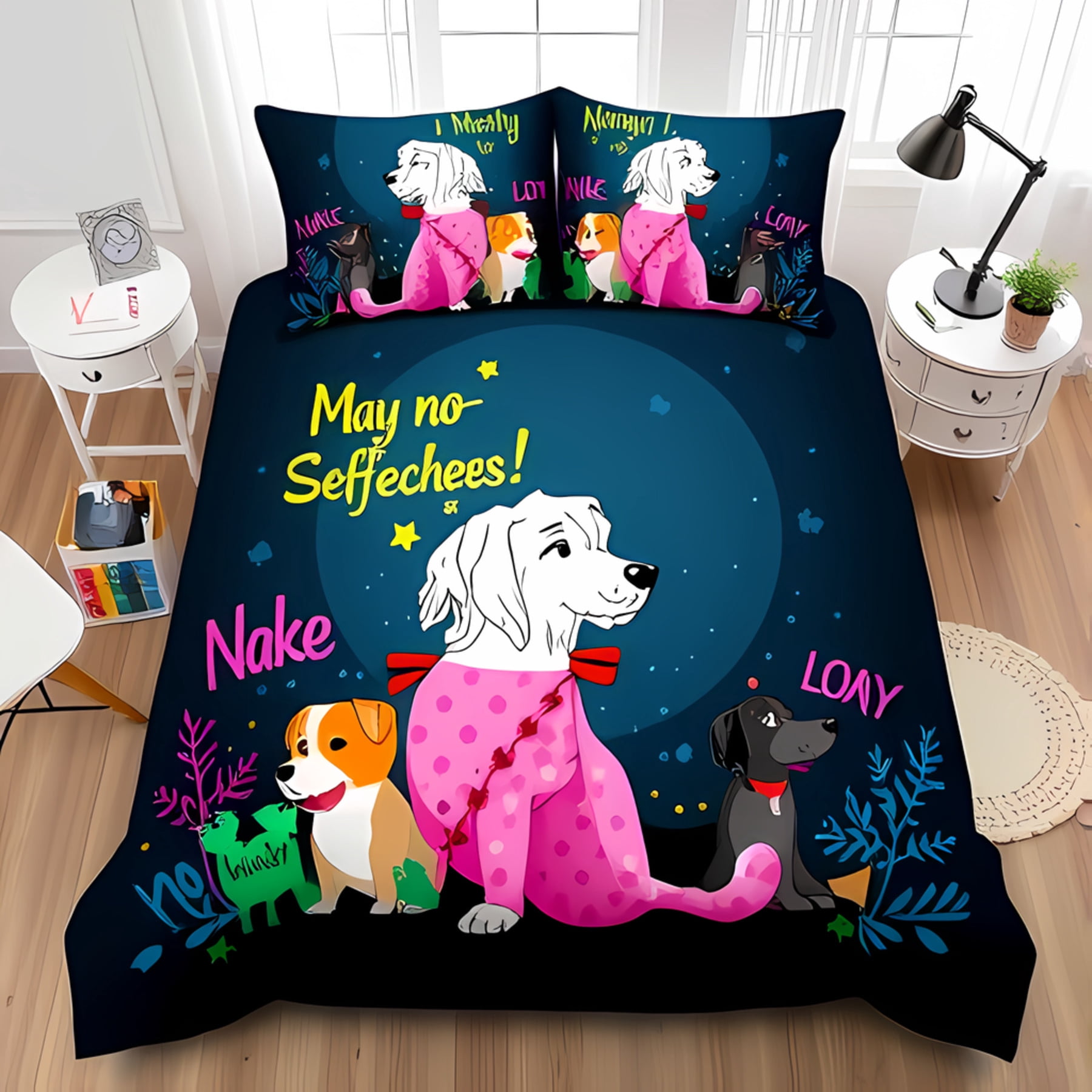 Cozy 3-Piece Duvet Cover Set Featuring Colorful Cartoon Dogs in Pink ...