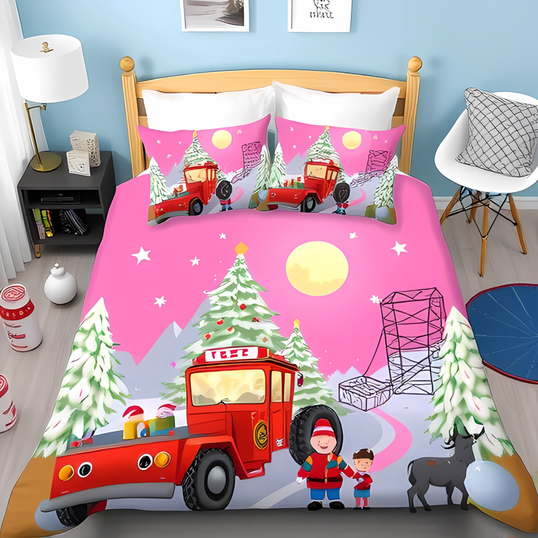 Cozy 3-Piece Duvet Cover Set - Festive Pink Bedspread with Red Fire ...