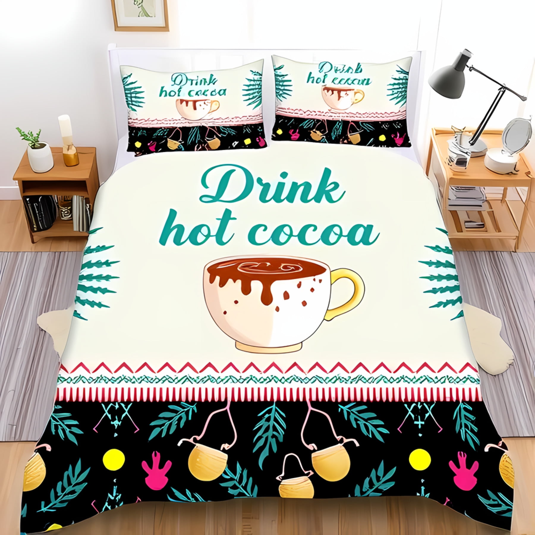 Cozy 3-Piece Duvet Cover Set - Hot Cocoa Theme with Charming Mug Design & Whimsical Patterns for ...