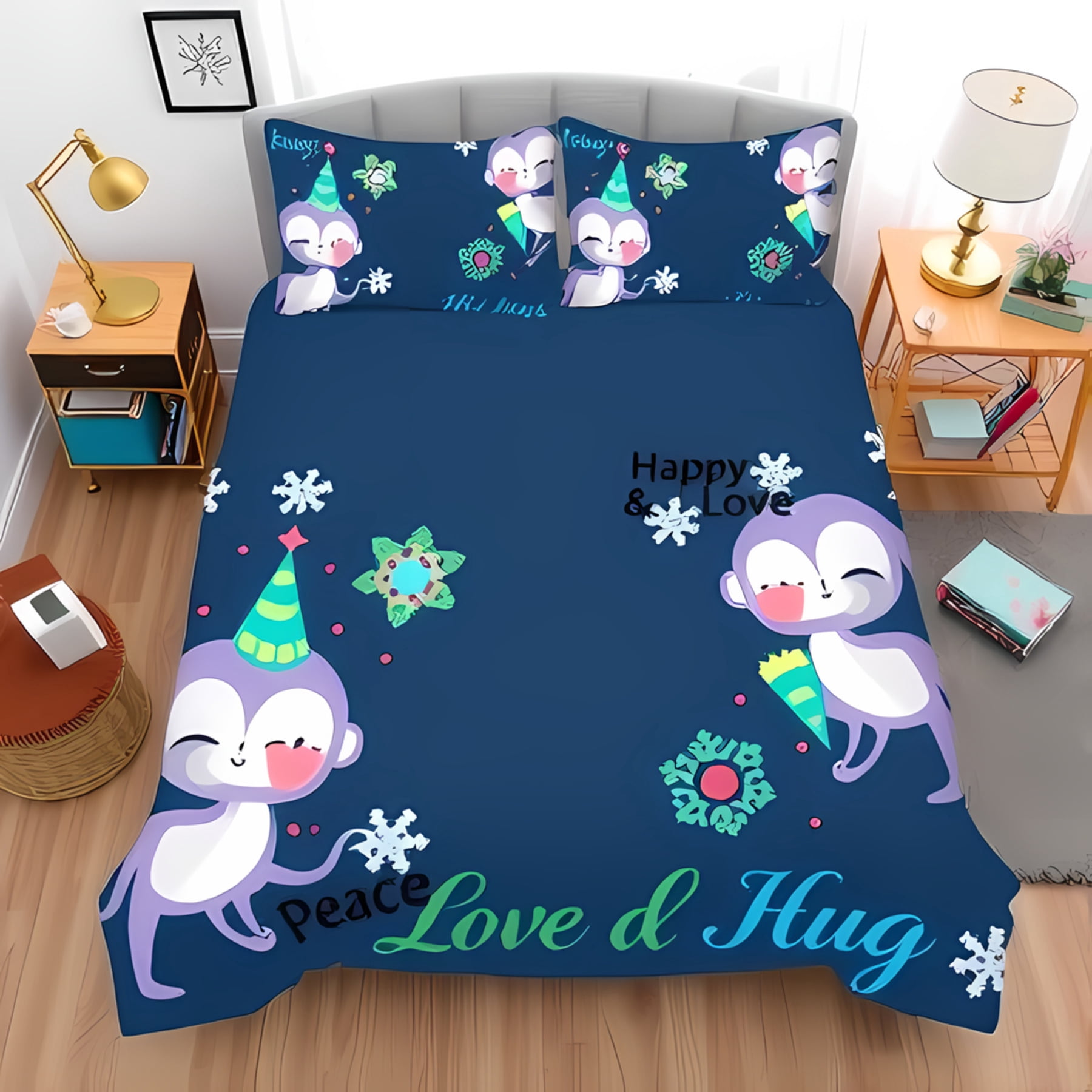 Cozy 3-Piece Duvet Cover Set - Navy Blue with Colorful Cartoon Monkeys ...