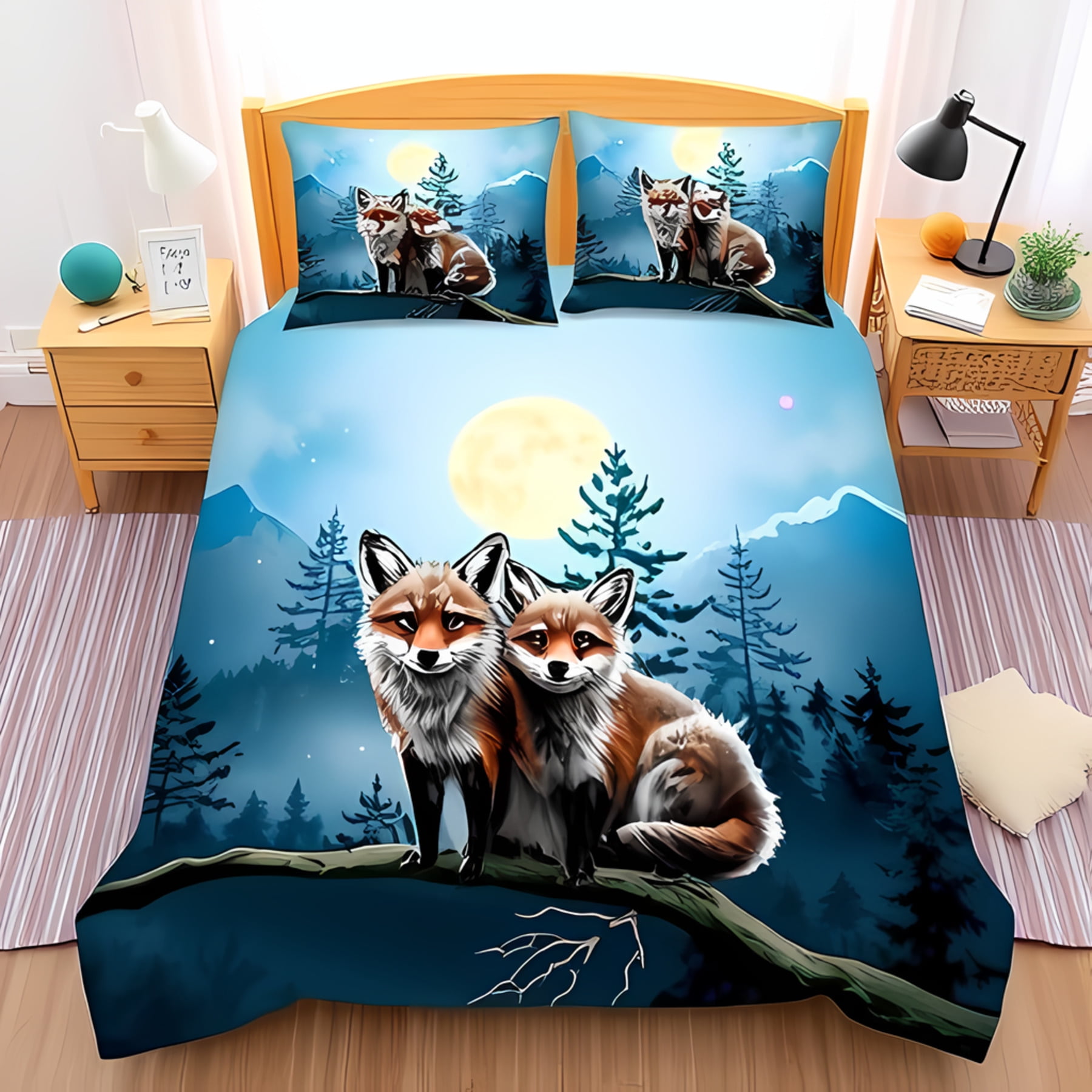 Cozy 3-Piece Duvet Cover Set - Nighttime Forest Scene with Foxes Pine ...