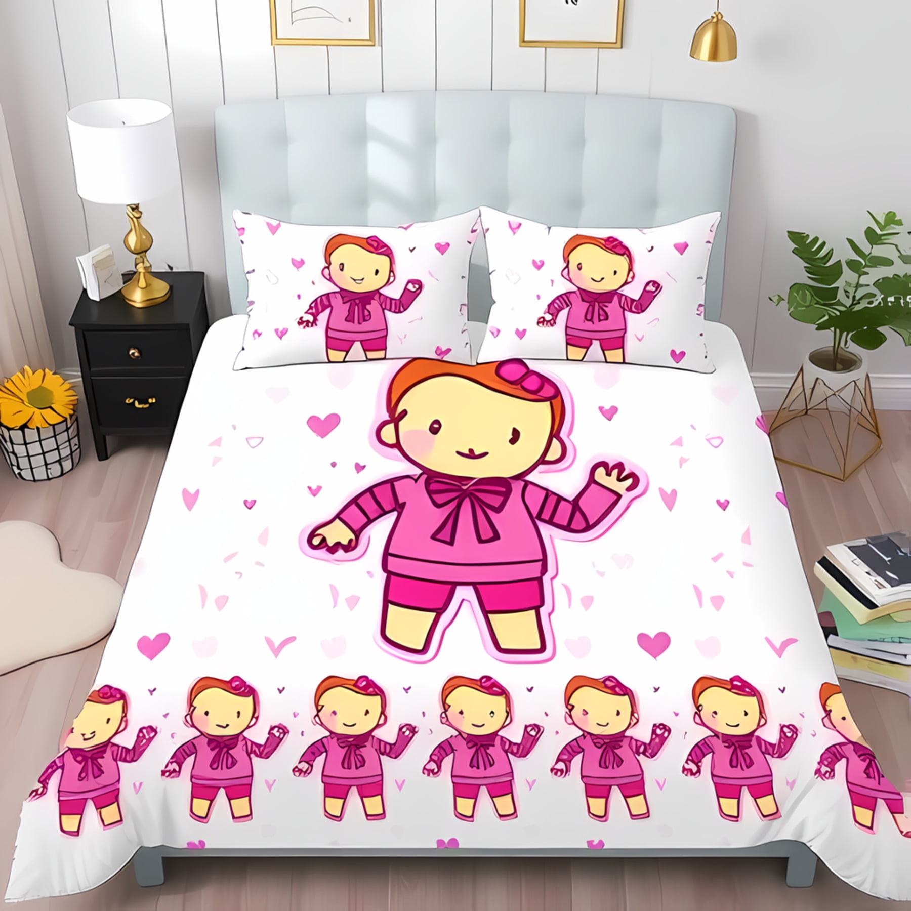 Cozy 3-Piece Duvet Cover Set with Vibrant Pink and White Cartoon ...