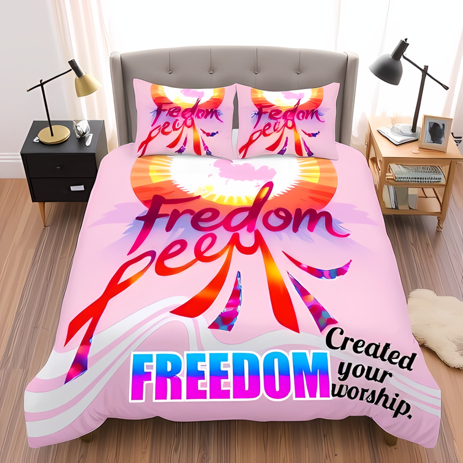 Cozy 3-Piece Duvet Cover Set with Bold 'Freedom Feels' Design in Pink ...