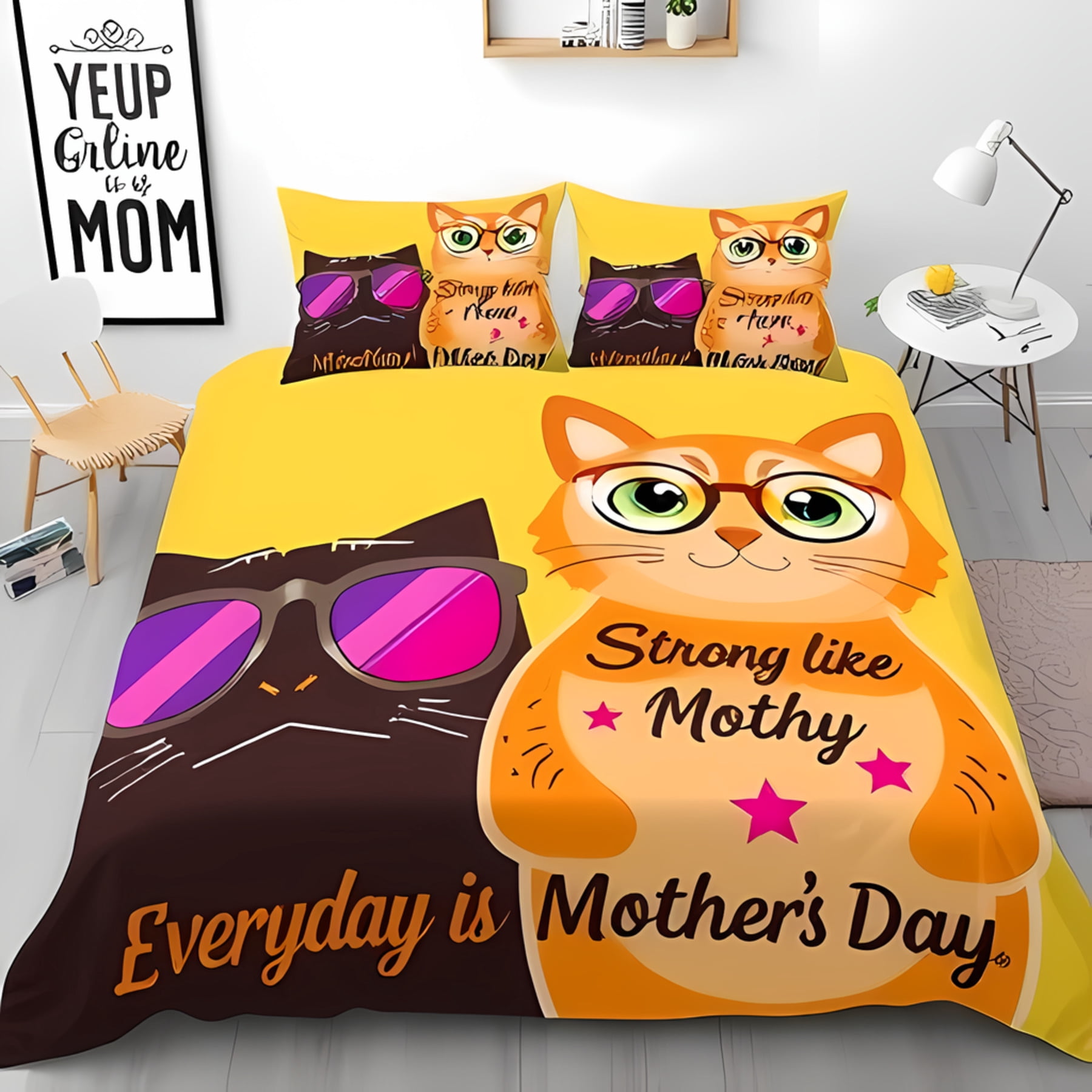 Cozy 3-Piece Duvet Cover Set with Cartoon Cats Design - Black & Orange ...