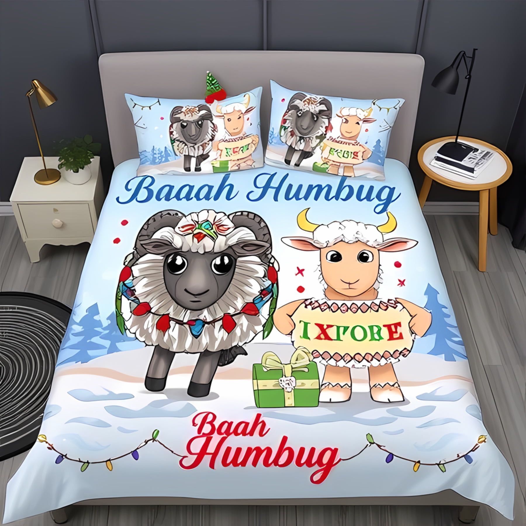 Cozy 3-Piece Duvet Cover Set with Cartoon Sheep Design - 'Baah Humbug ...