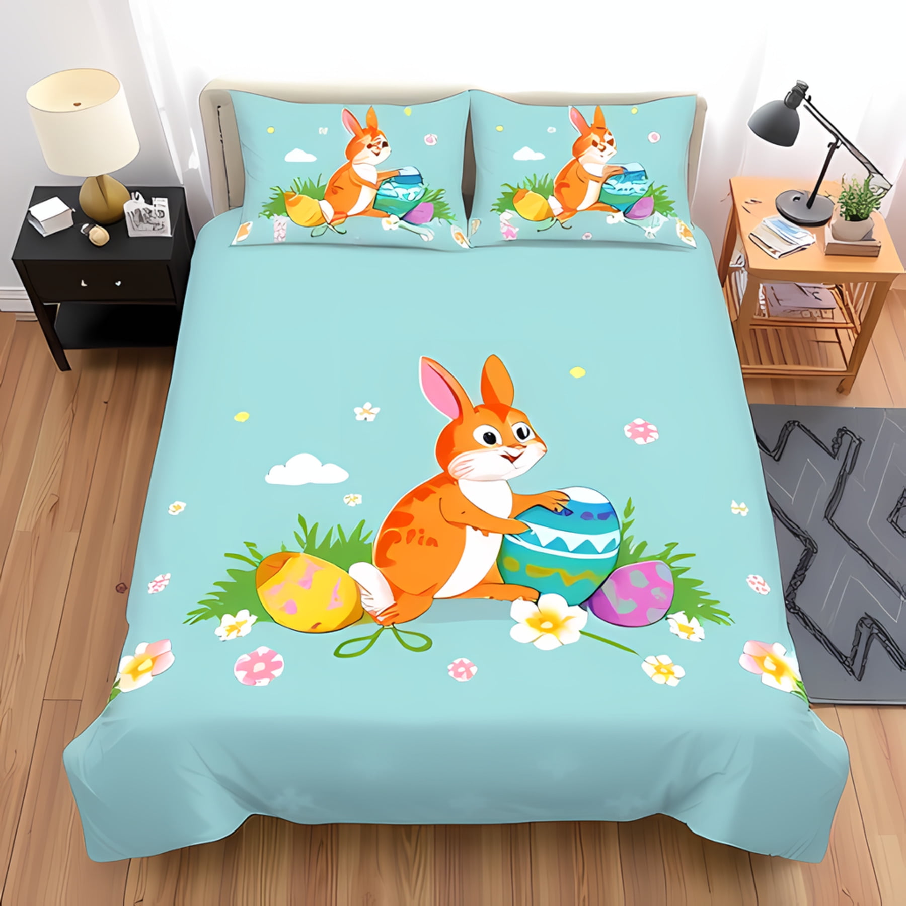 Cozy 3-Piece Duvet Cover Set with Cheerful Cartoon Rabbit & Colorful ...