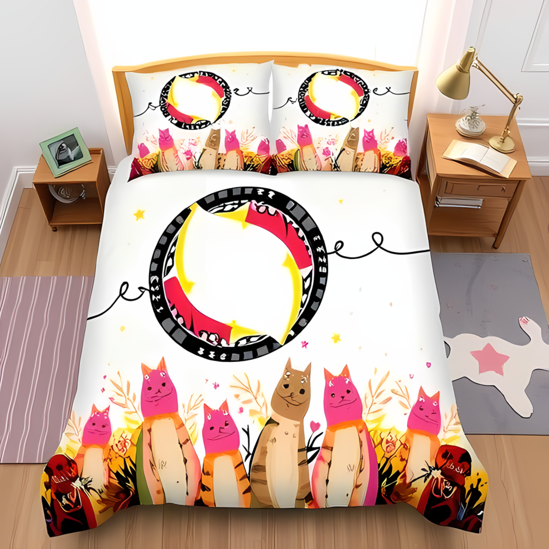 Cozy 3-Piece Duvet Cover Set with Colorful Cartoon Cats in Pink Hats ...