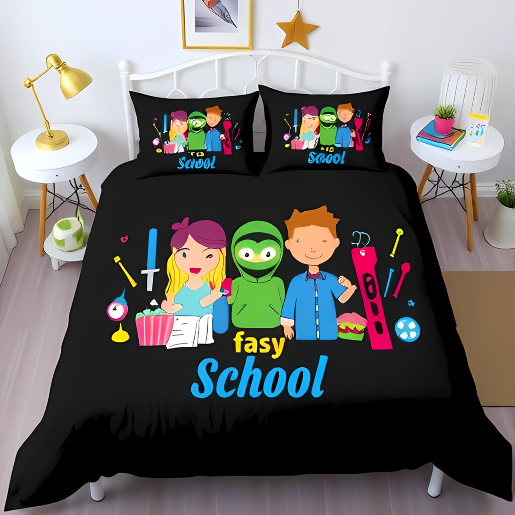 Cozy 3-Piece Duvet Cover Set with Colorful Cartoon Characters - Green ...