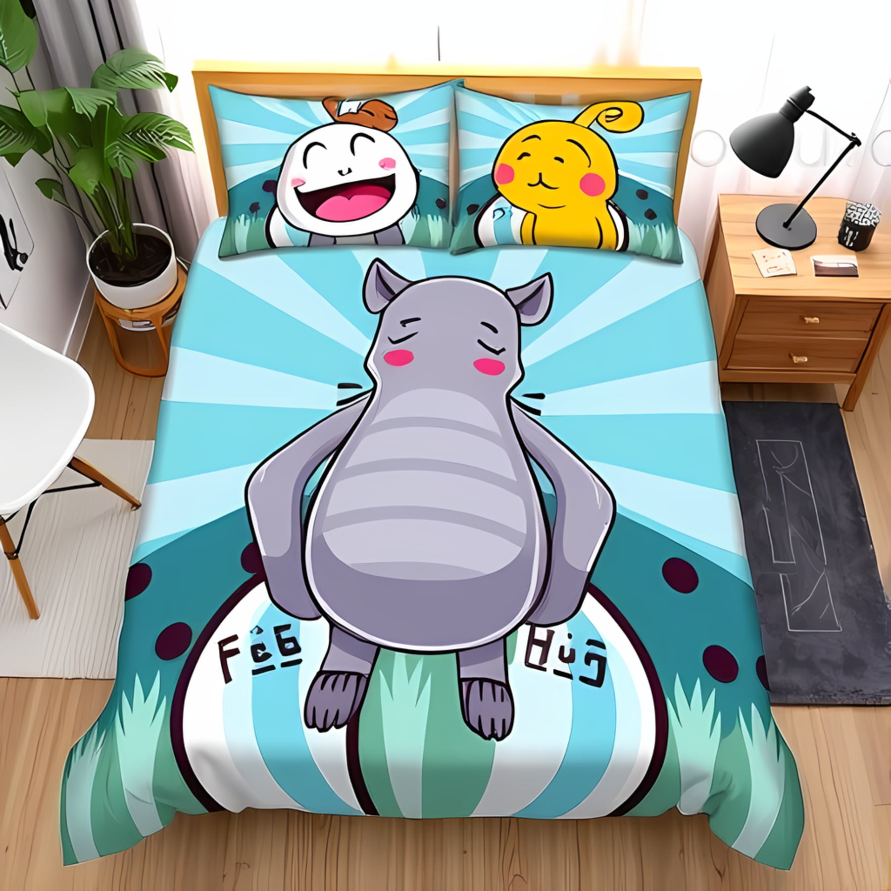 Cozy 3-Piece Duvet Cover Set with Colorful Cartoon Characters on Blue ...