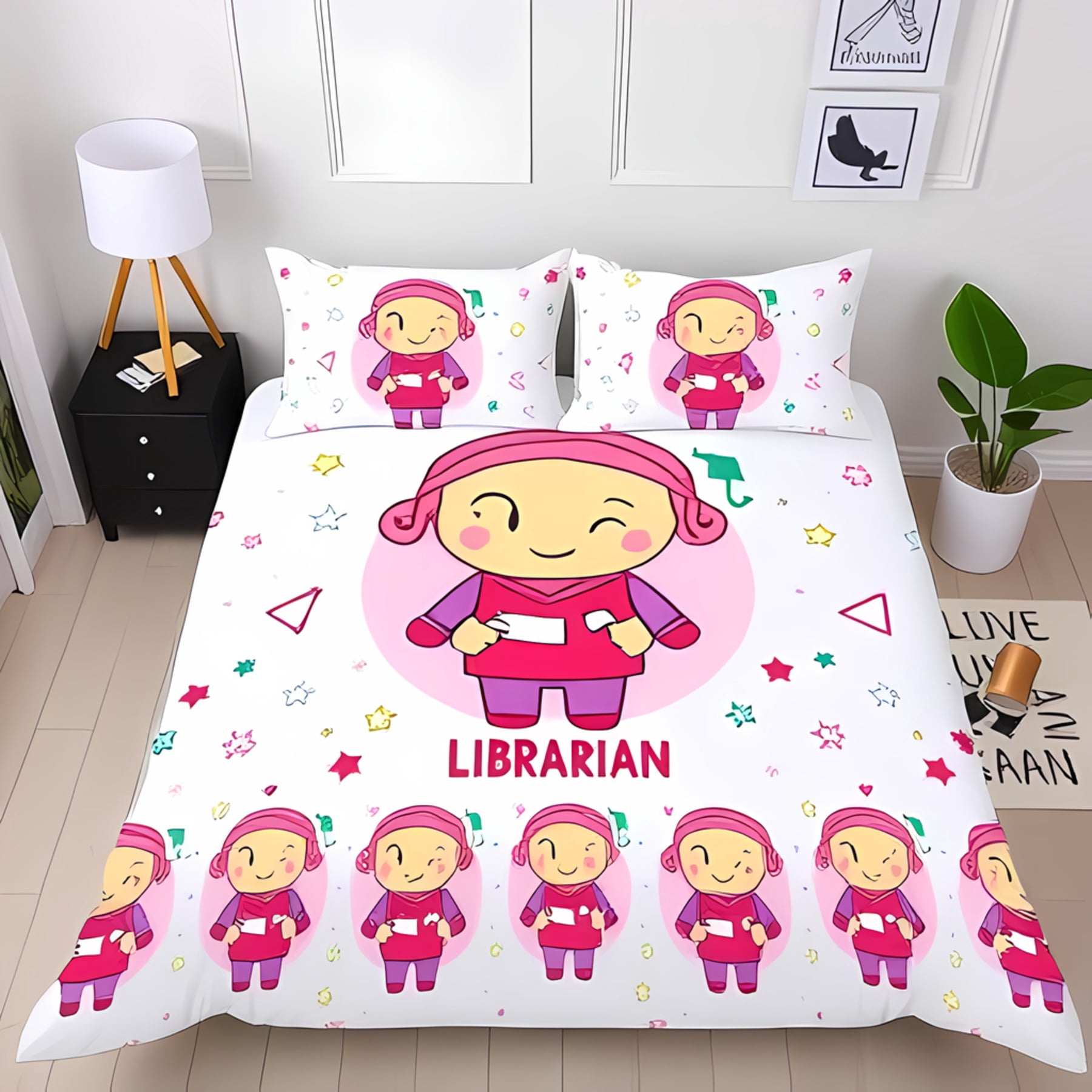 Cozy 3-Piece Duvet Cover Set with Colorful Cartoon Librarian Design ...