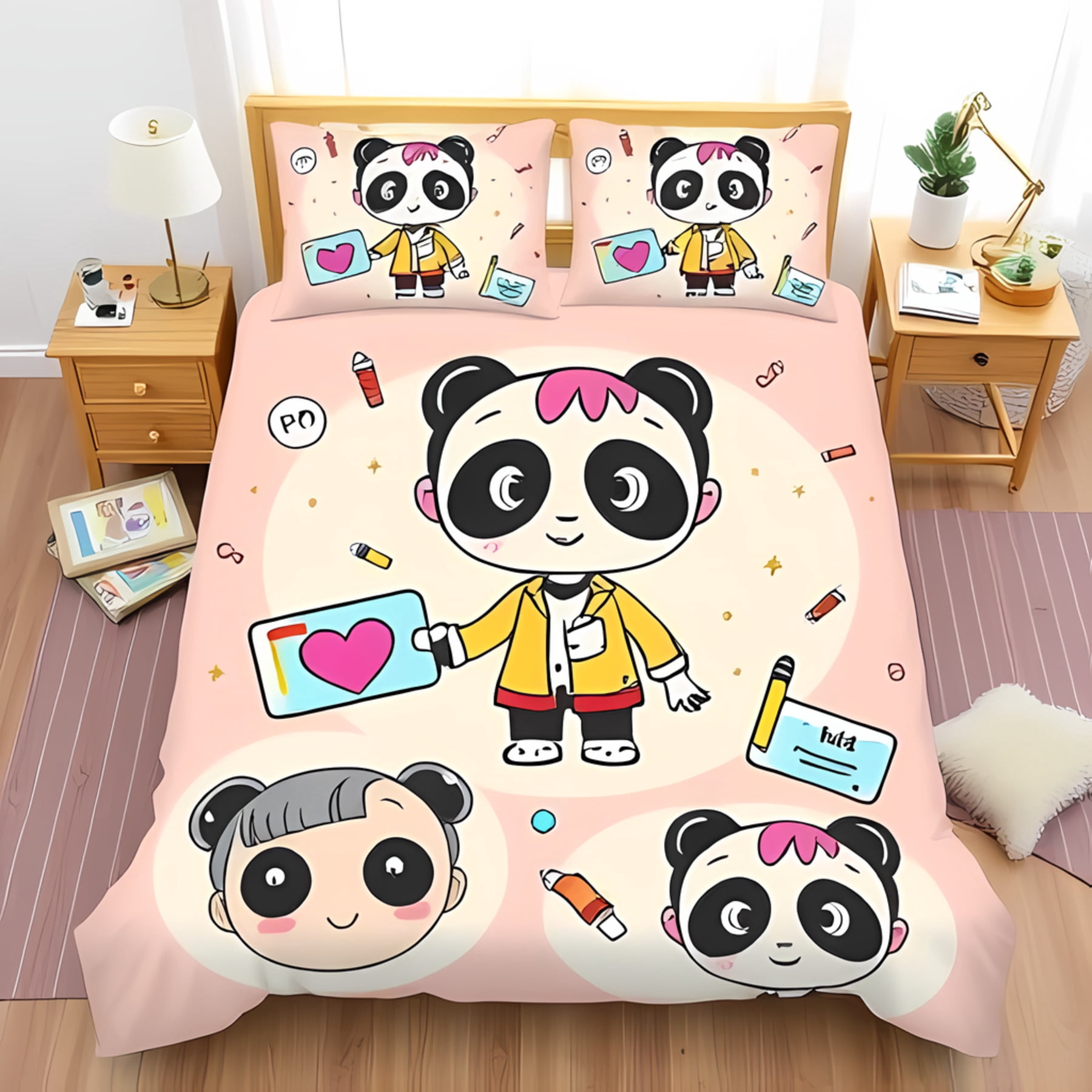 Cozy 3-Piece Duvet Cover Set with Colorful Cartoon Panda Design Heart ...