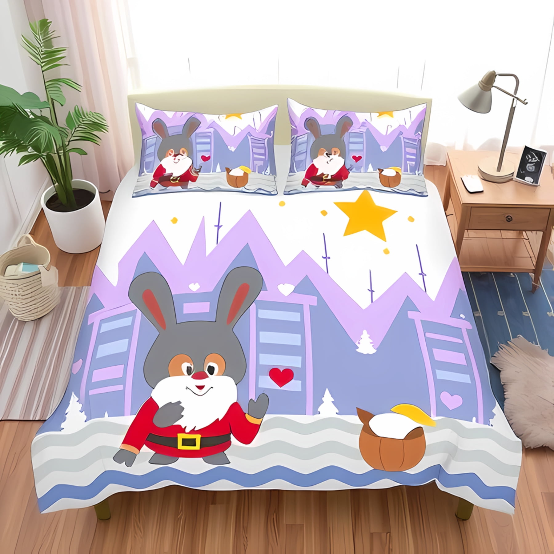 Cozy 3-Piece Duvet Cover Set with Colorful Cartoon Rabbit Santa Design ...