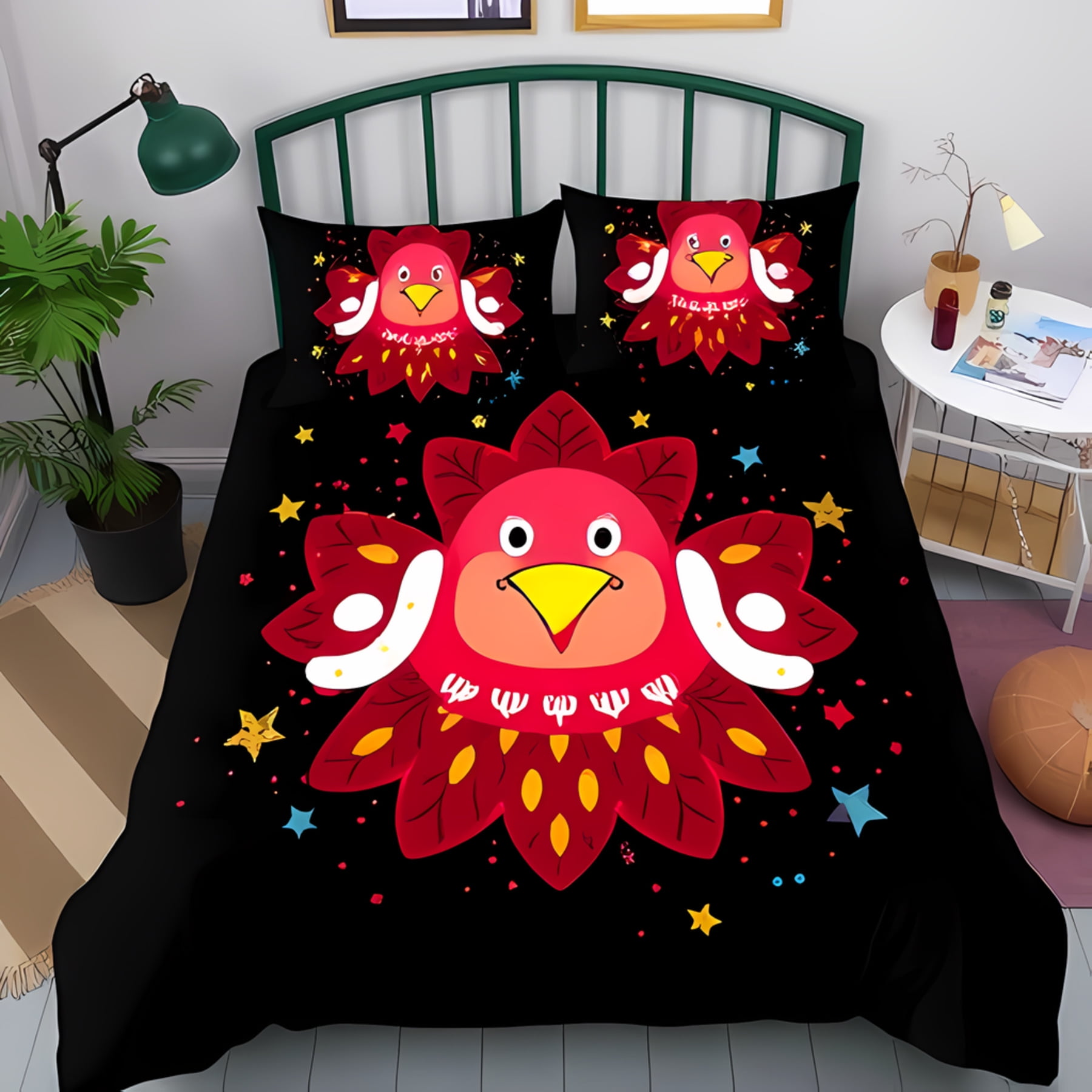 Cozy 3-Piece Duvet Cover Set with Colorful Red Bird Design White Wings & Stars - Includes ...