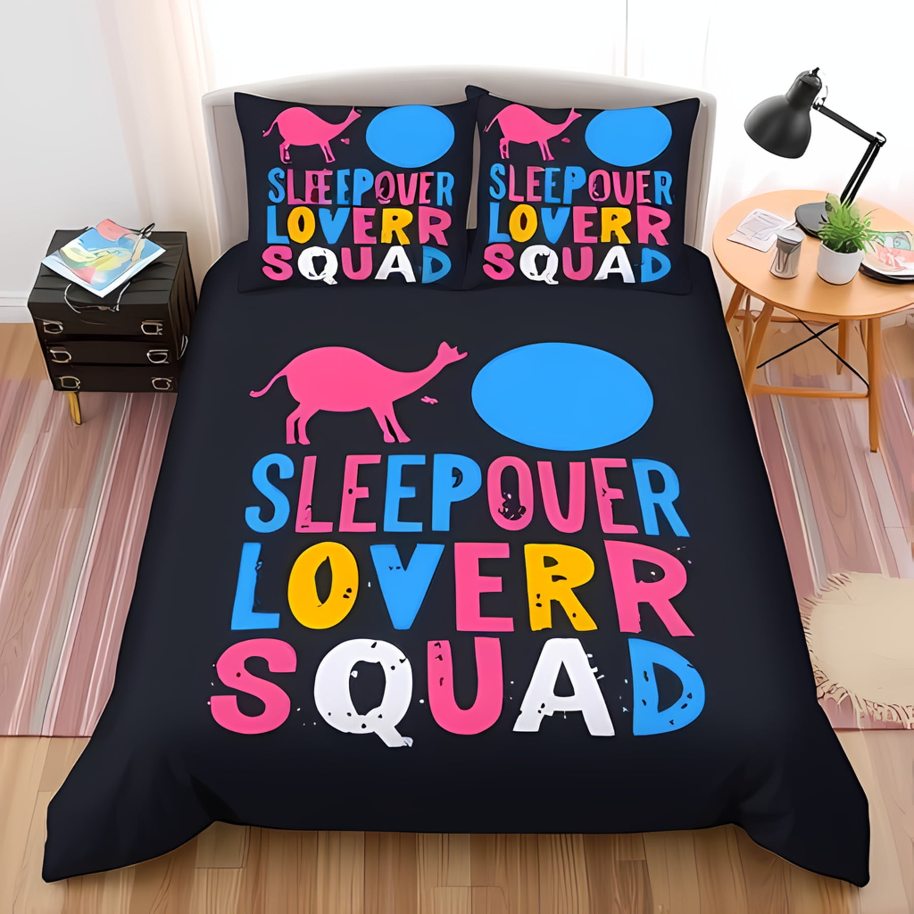 Cozy 3-Piece Duvet Cover Set with Colorful "SLEEPOVER LOVERR SQUAD ...
