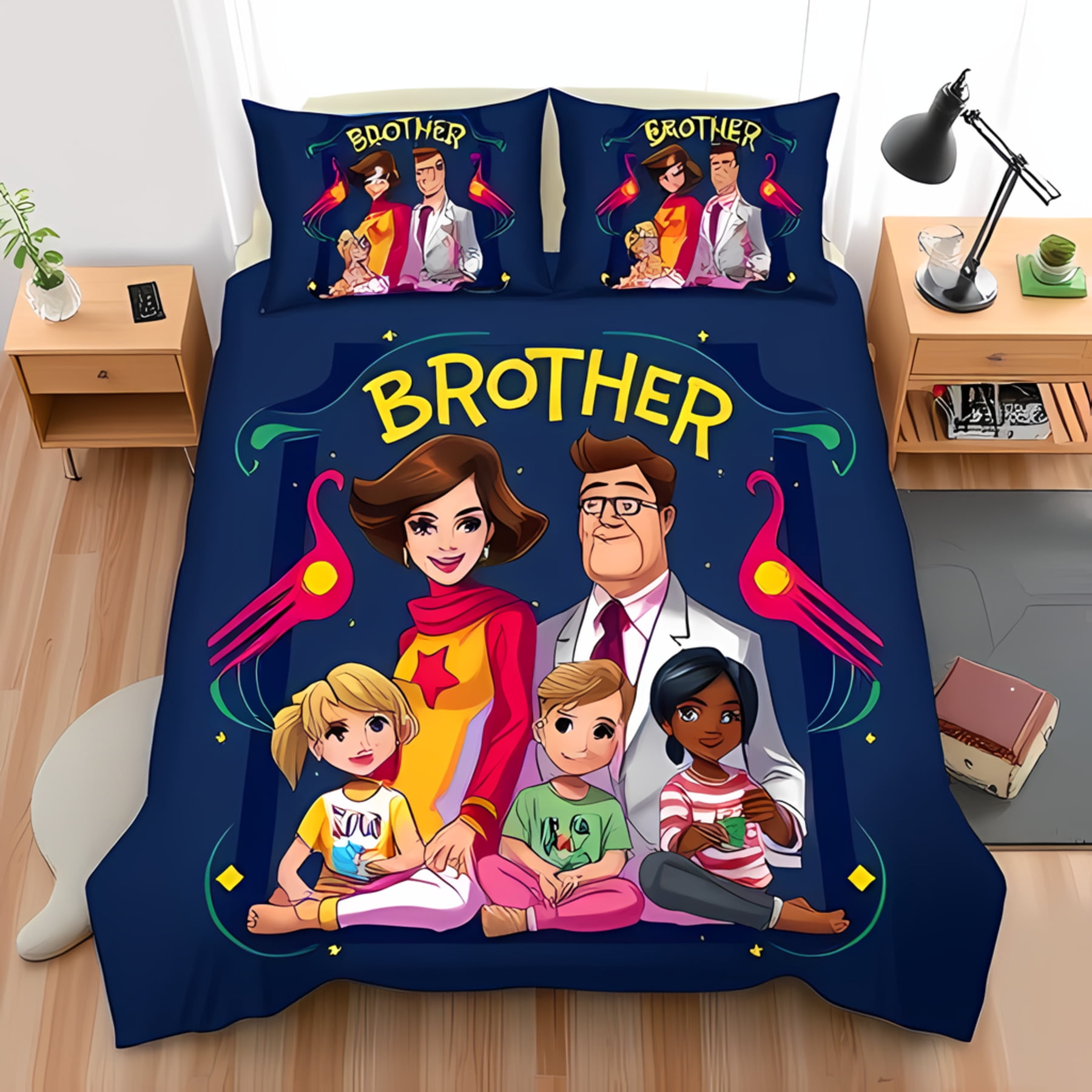 Cozy 3-Piece Duvet Cover Set with Family Illustration - Navy Blue ...
