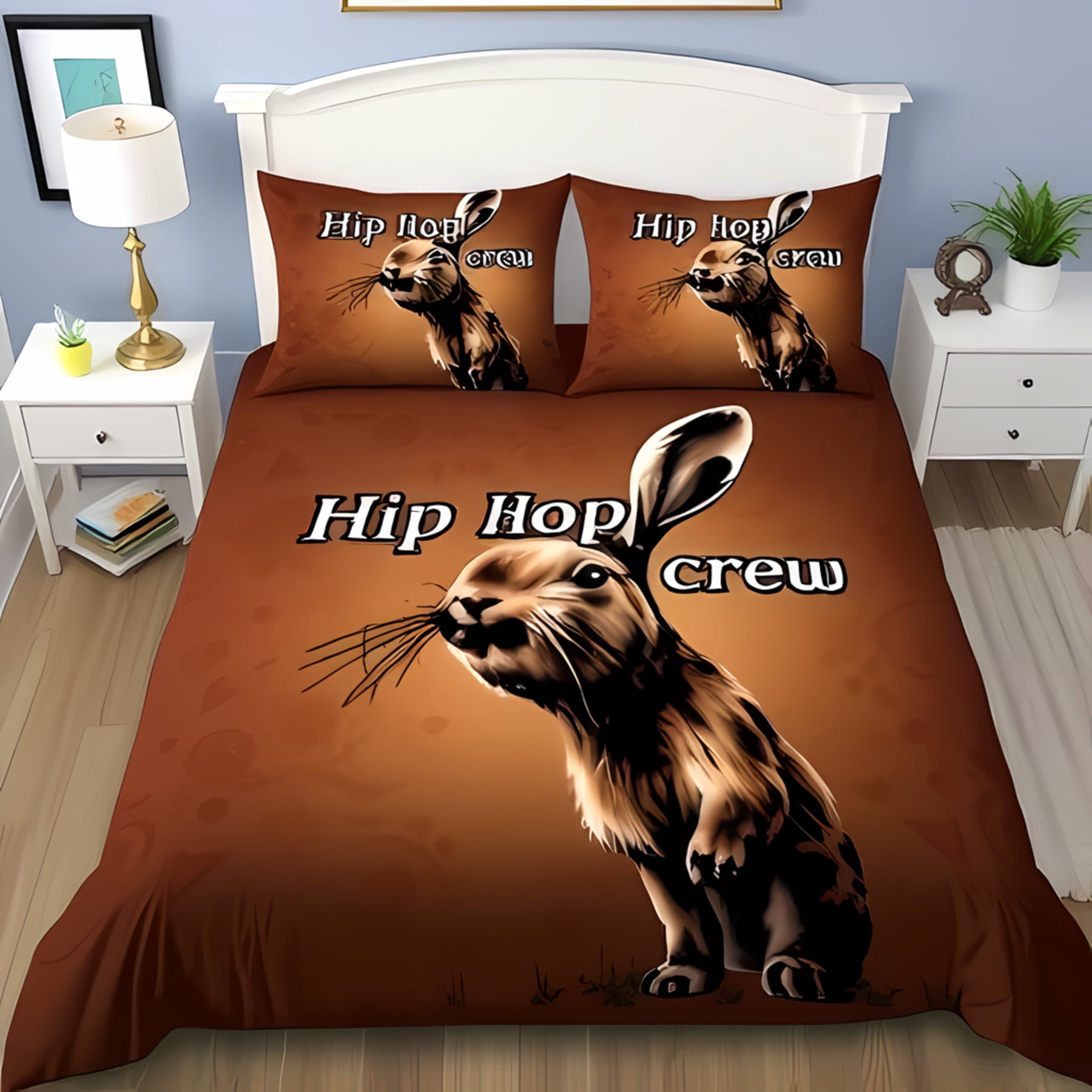 Cozy 3-Piece Duvet Cover Set with Hip Hop Rabbit Design - Brown Bedding ...