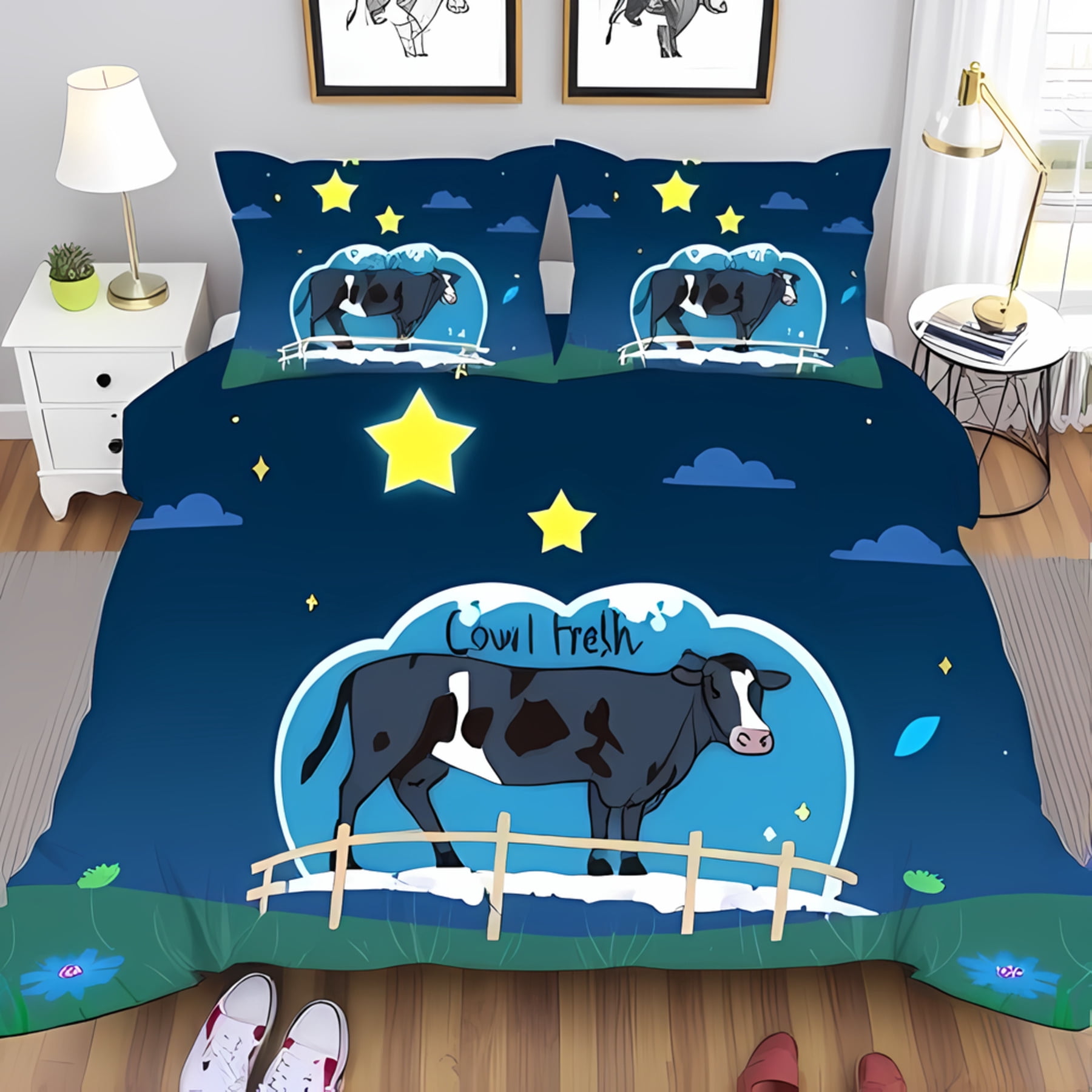 Cozy 3-Piece Duvet Cover Set with Nighttime Cow Theme - Black and White ...