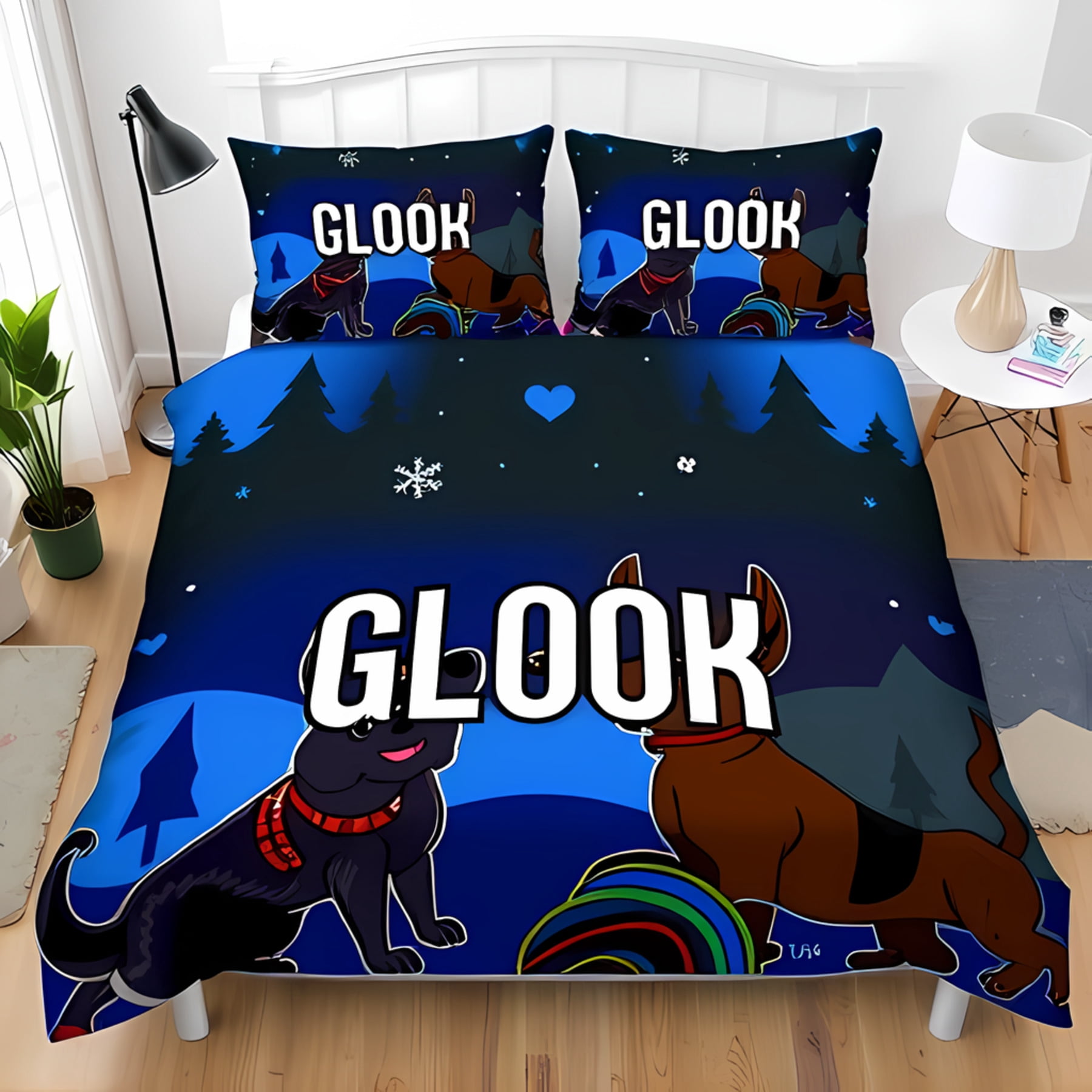 Cozy 3-Piece Duvet Cover Set with Nighttime Scene Featuring Dogs in Red ...