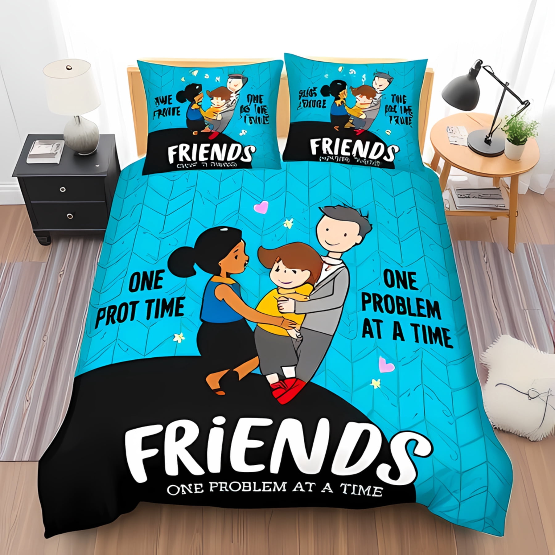 Cozy 3-Piece Duvet Cover Set with Playful Cartoon Characters - "FRIENDS ...