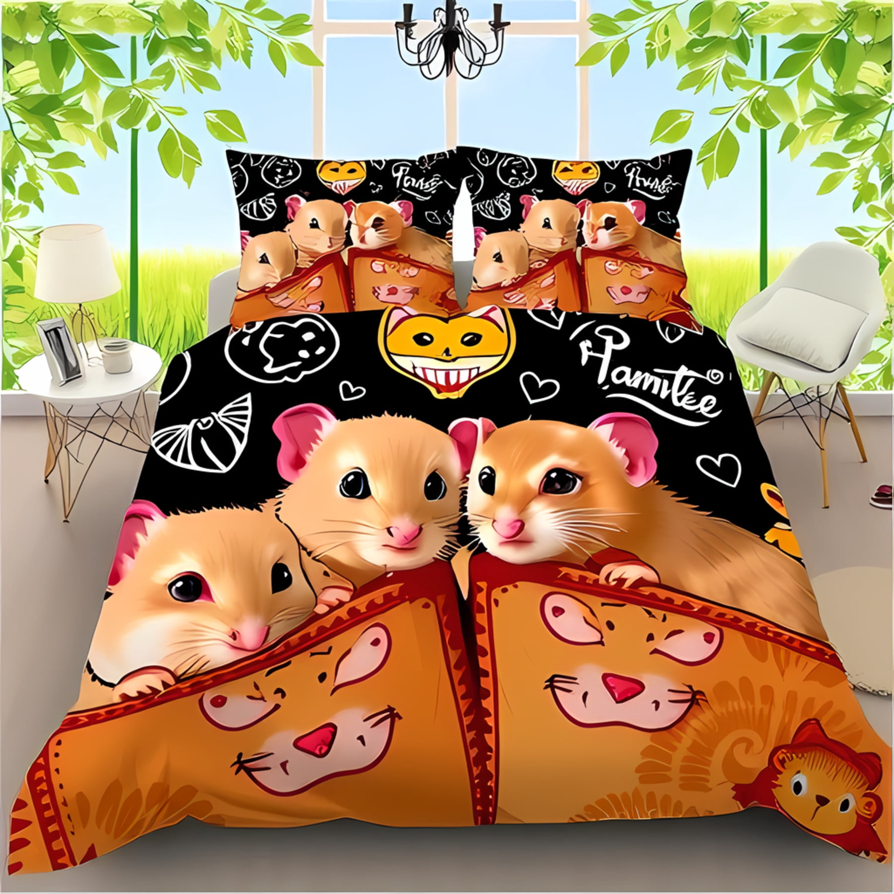 Cozy 3-Piece Duvet Cover Set with Playful Cartoon on Black Background ...