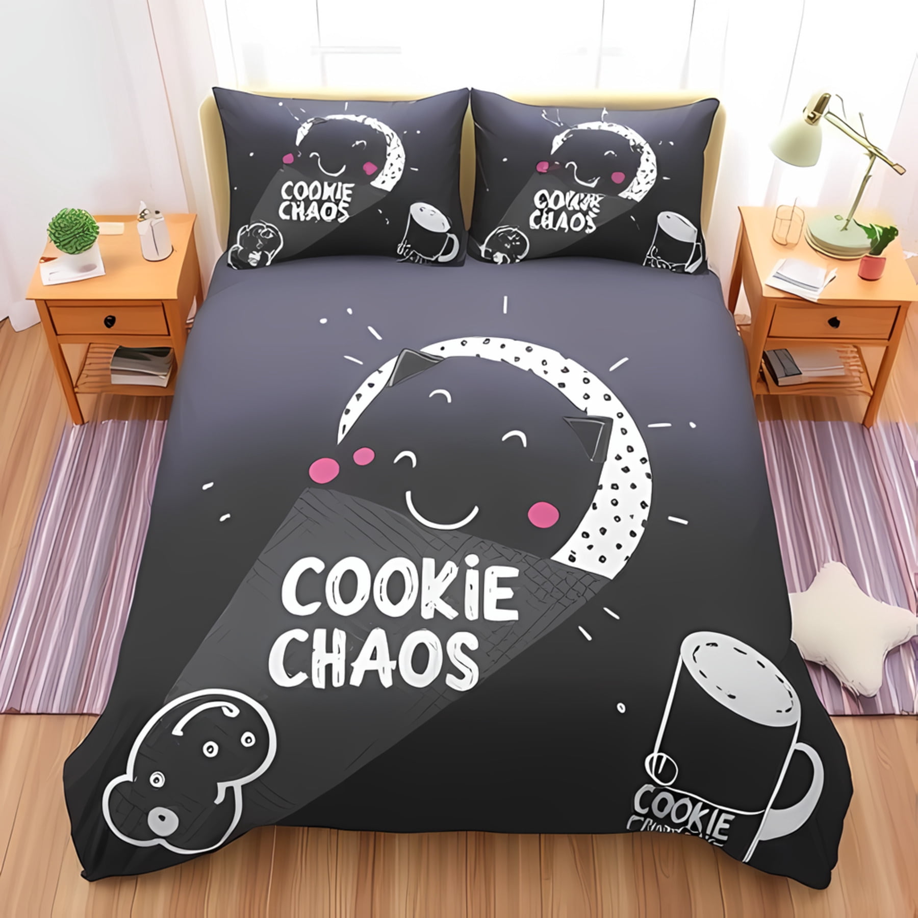 Cozy 3-Piece Duvet Cover Set with Playful Cookie Chaos Design - Black ...