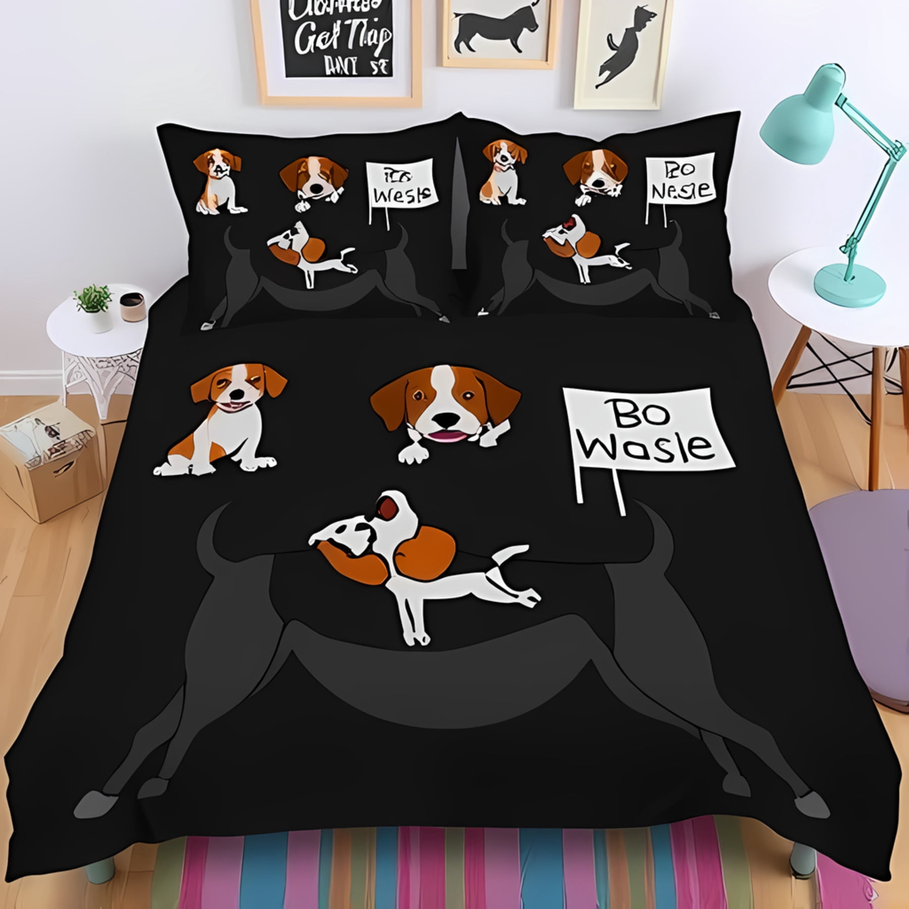 Cozy 3-Piece Duvet Cover Set with Playful Dog Illustrations - Black ...
