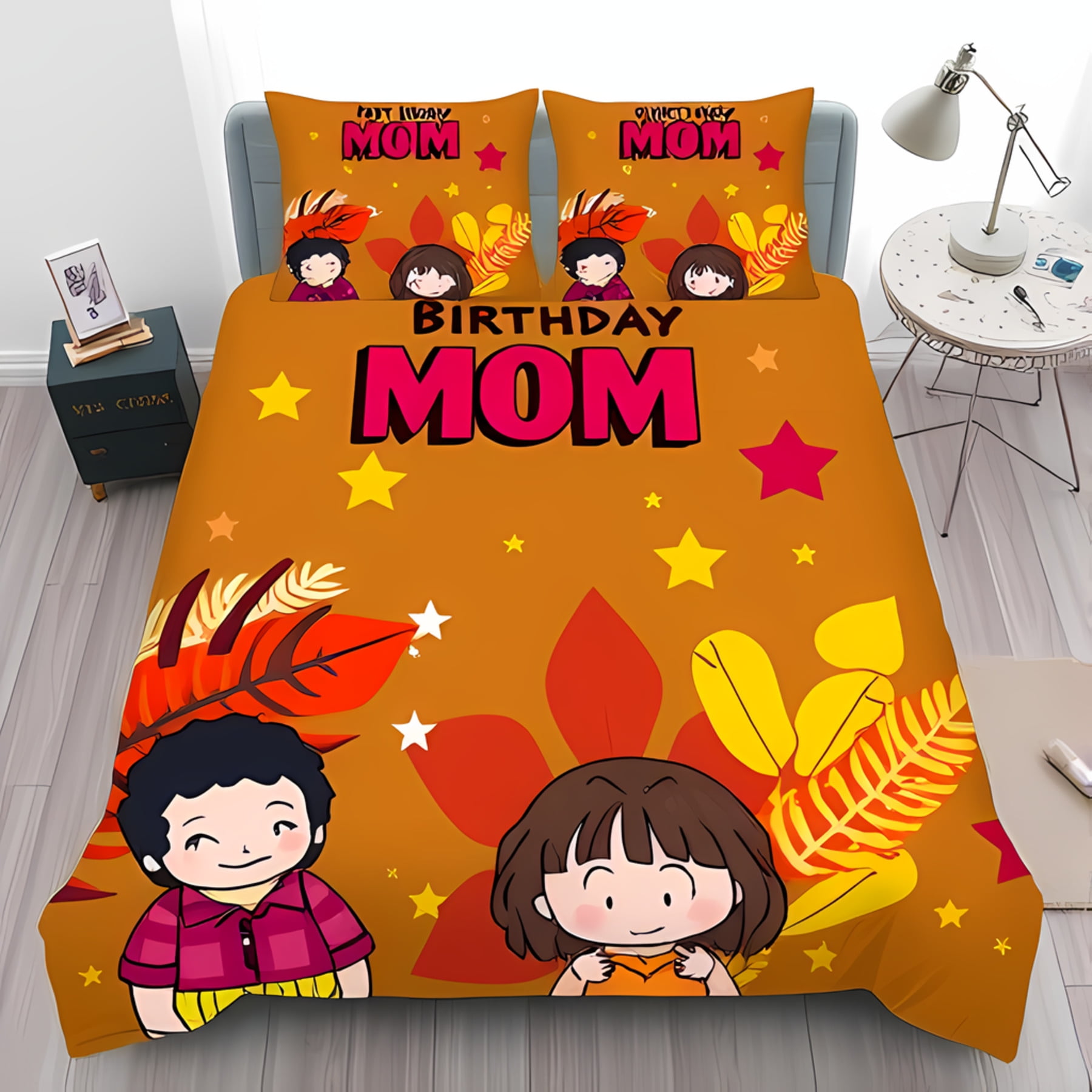 Cozy 3-Piece Duvet Cover Set with Vibrant Orange 'BIRTHDAY MOM' Design Featuring Cartoon ...