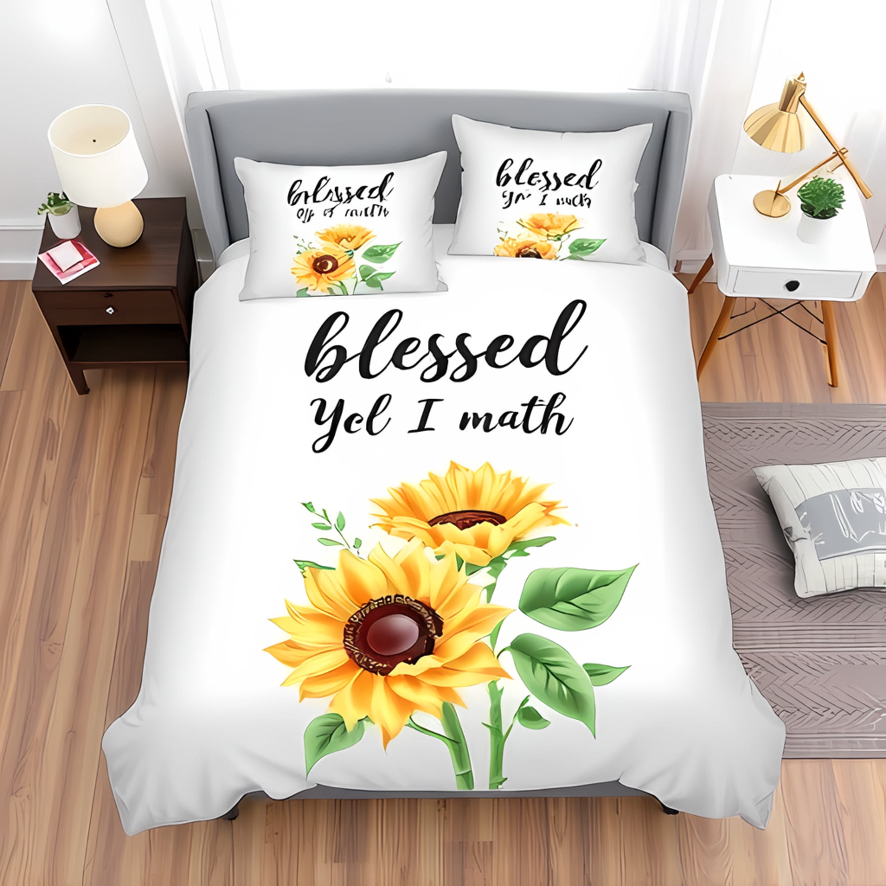 Cozy 3-Piece Duvet Cover Set with Vibrant Sunflower Design & "Blessed ...