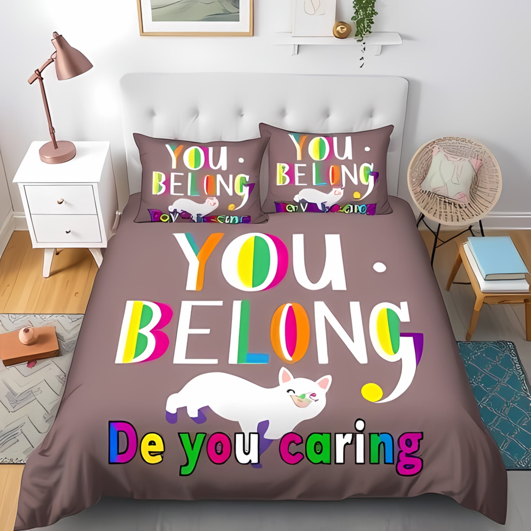 Cozy 3-Piece Duvet Cover Set with "YOU BELONG" Design & Playful Cat ...