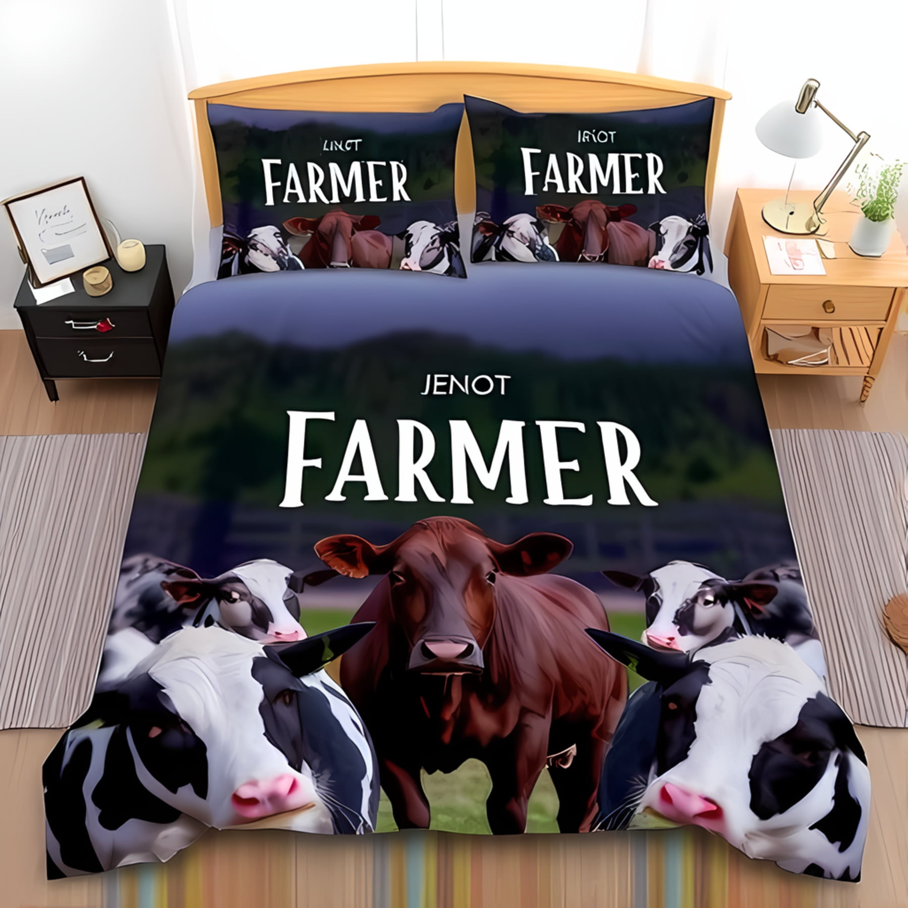Cozy 3-Piece Farm Themed Duvet Cover Set with Grazing Cows & 'FARMER' Pillows - Rustic Comfort ...